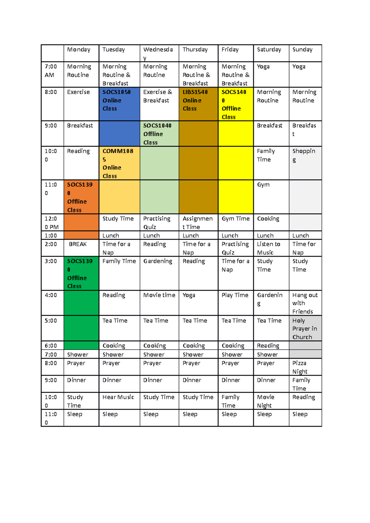 Weekly schedule - Monday Tuesday Wednesda y Thursday Friday Saturday ...
