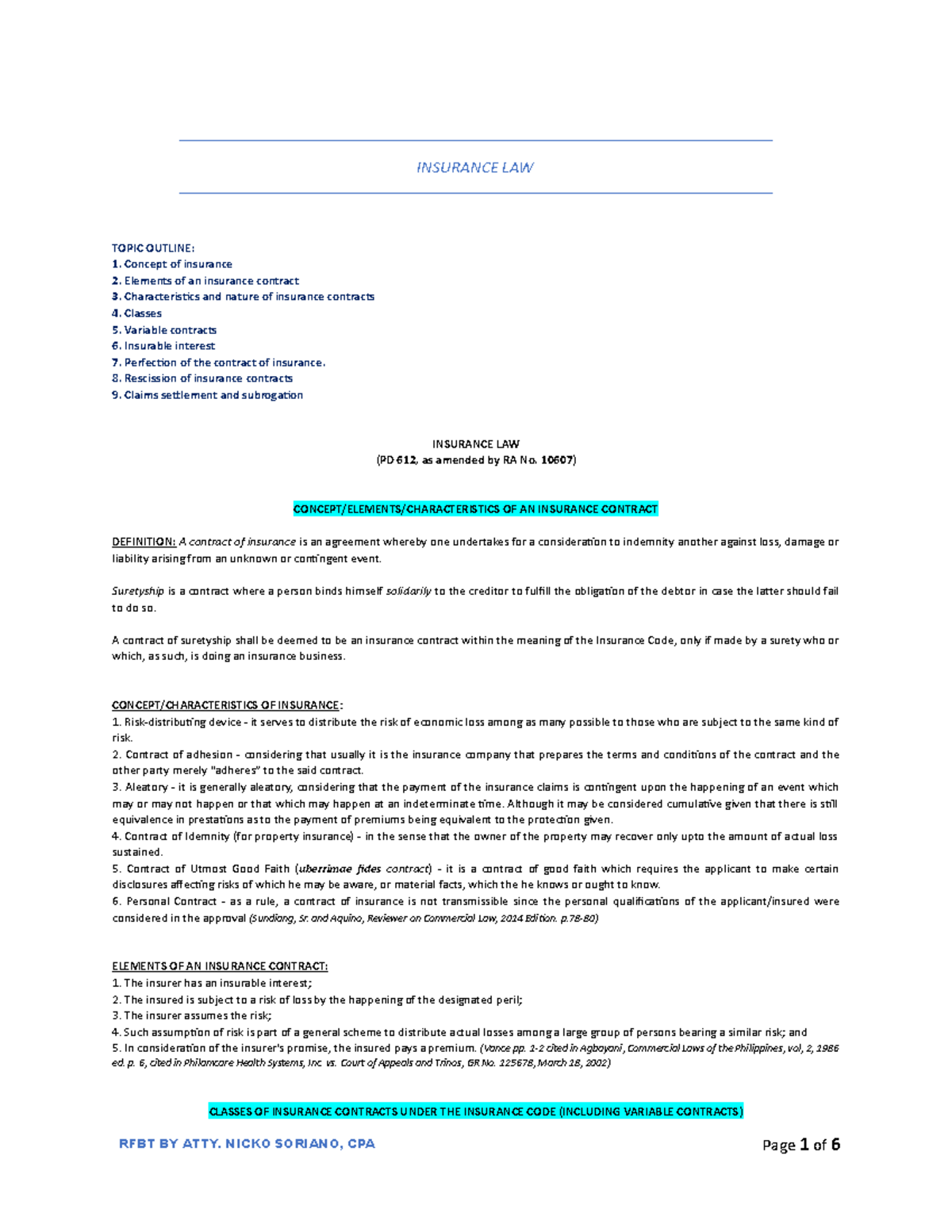 Insurance-Law- Notes - SRC - INSURANCE LAW TOPIC OUTLINE: Concept of ...