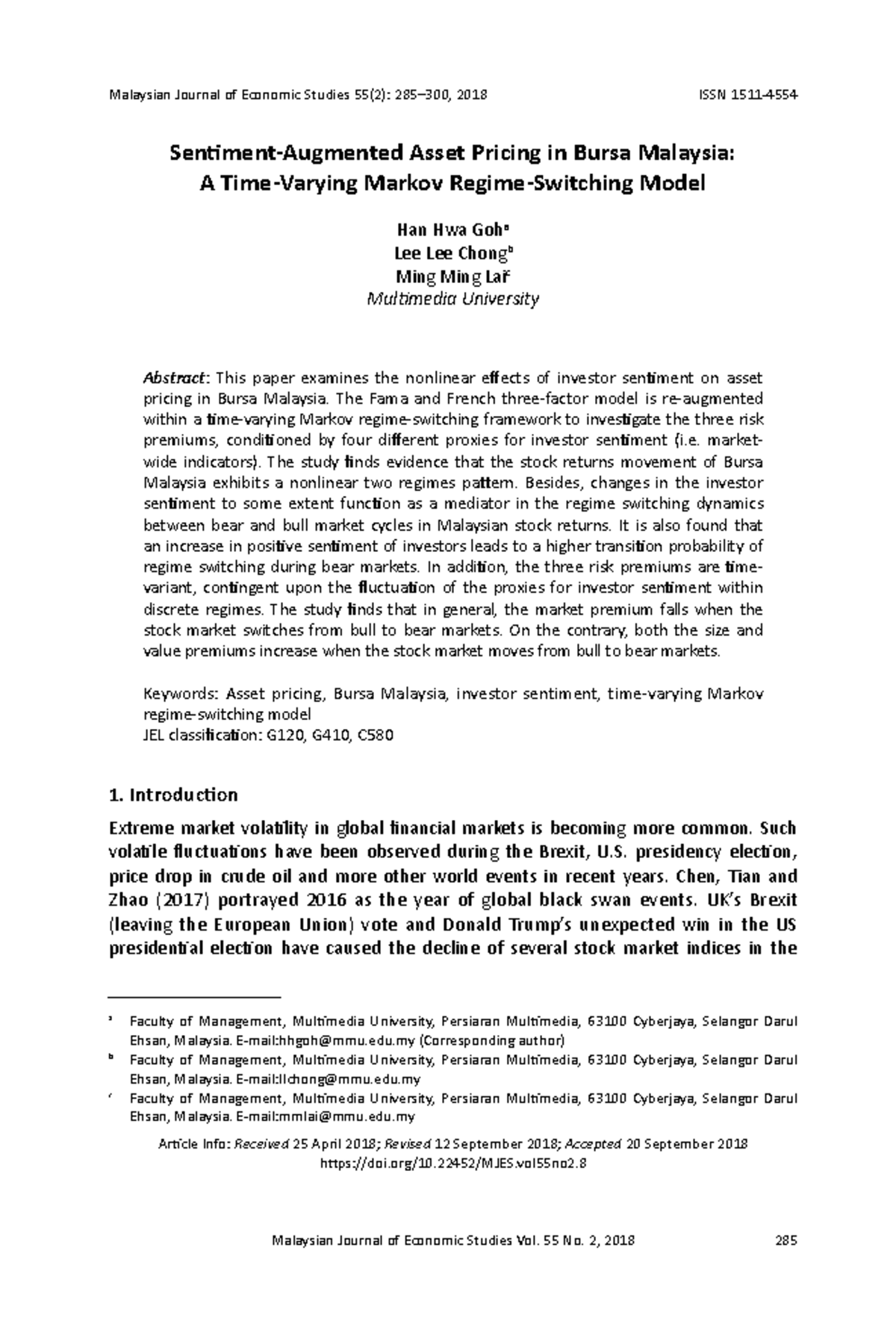 Sentiment-Augmented Asset Pricing in Bursa Malaysia A Time-Varying Markov Regime-Switching Model ...