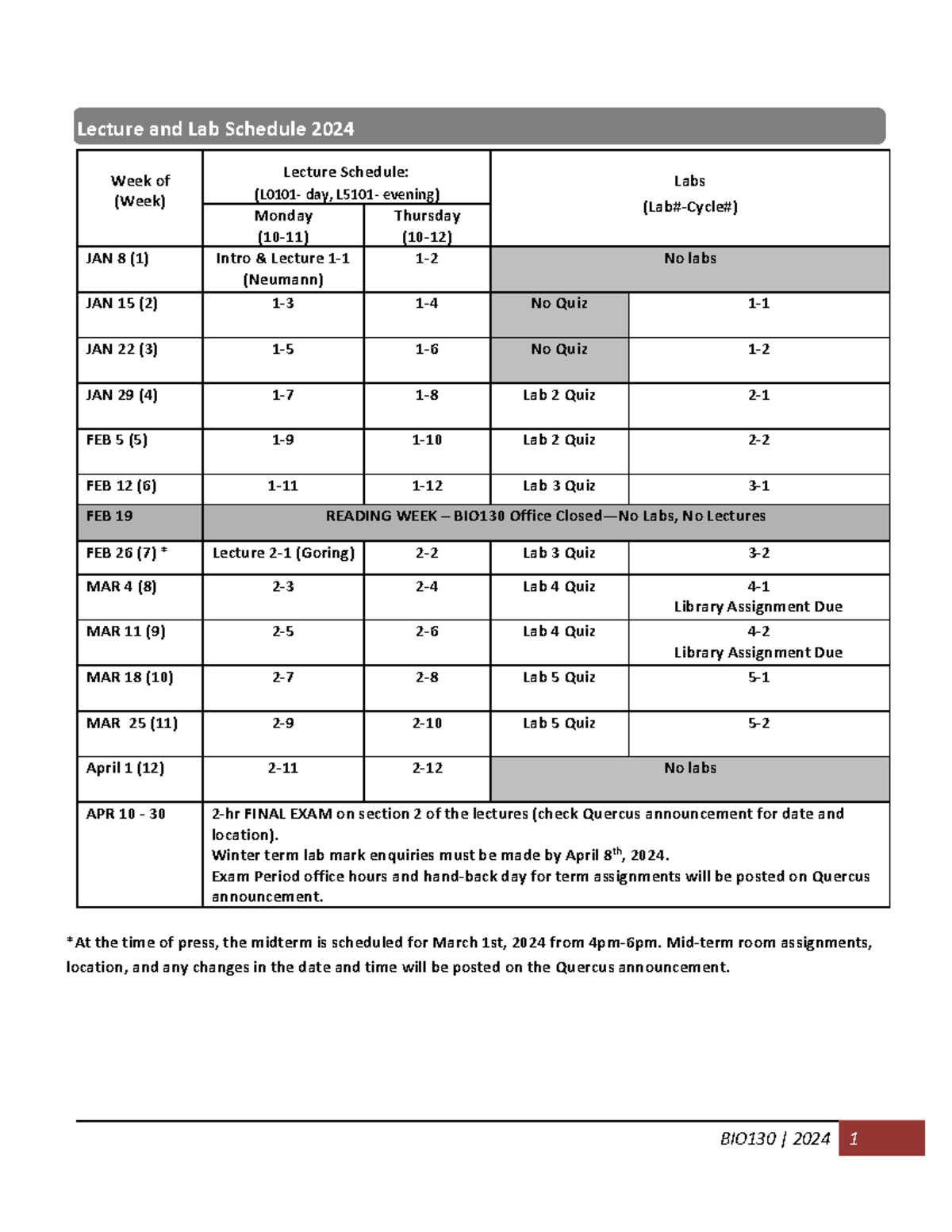 BIO130 Course Schedule 2024 - BIO130 | 2024 1 Lecture and Lab Schedule ...