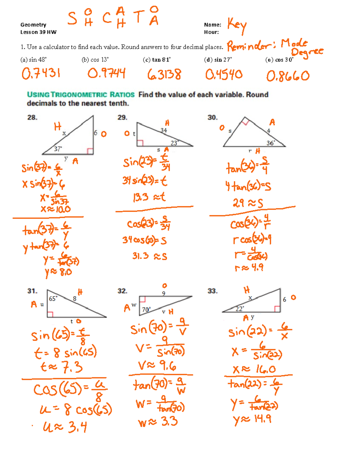 Lesson 39 HW Key - the - ESCI 4373 - Geometry Name: Lesson 39 HW Hour ...