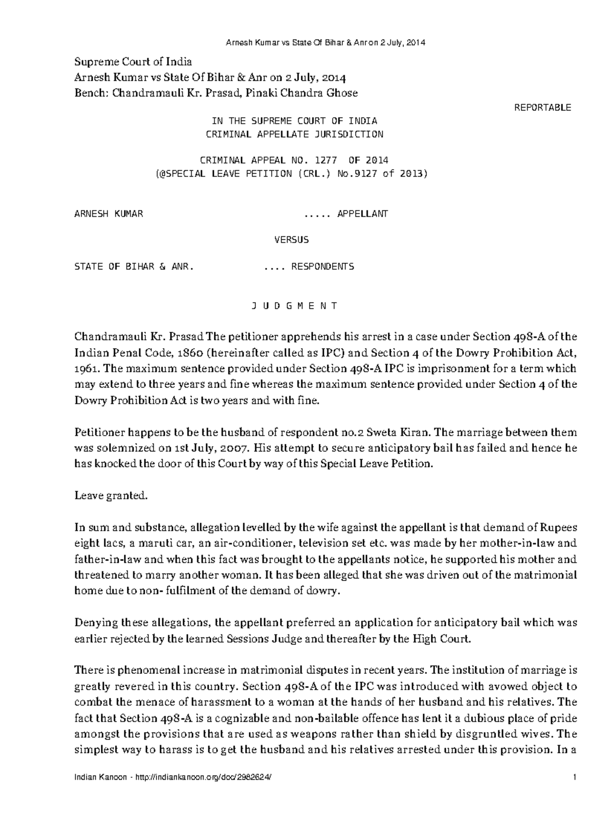 Arnesh Kumar vs State Of Bihar Anr on 2 July 2014 - Supreme Court of ...