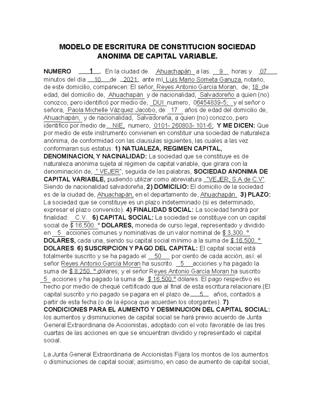 Capital variable - MODELO DE ESCRITURA DE CONSTITUCION SOCIEDAD ANONIMA DE CAPITAL VARIABLE ...
