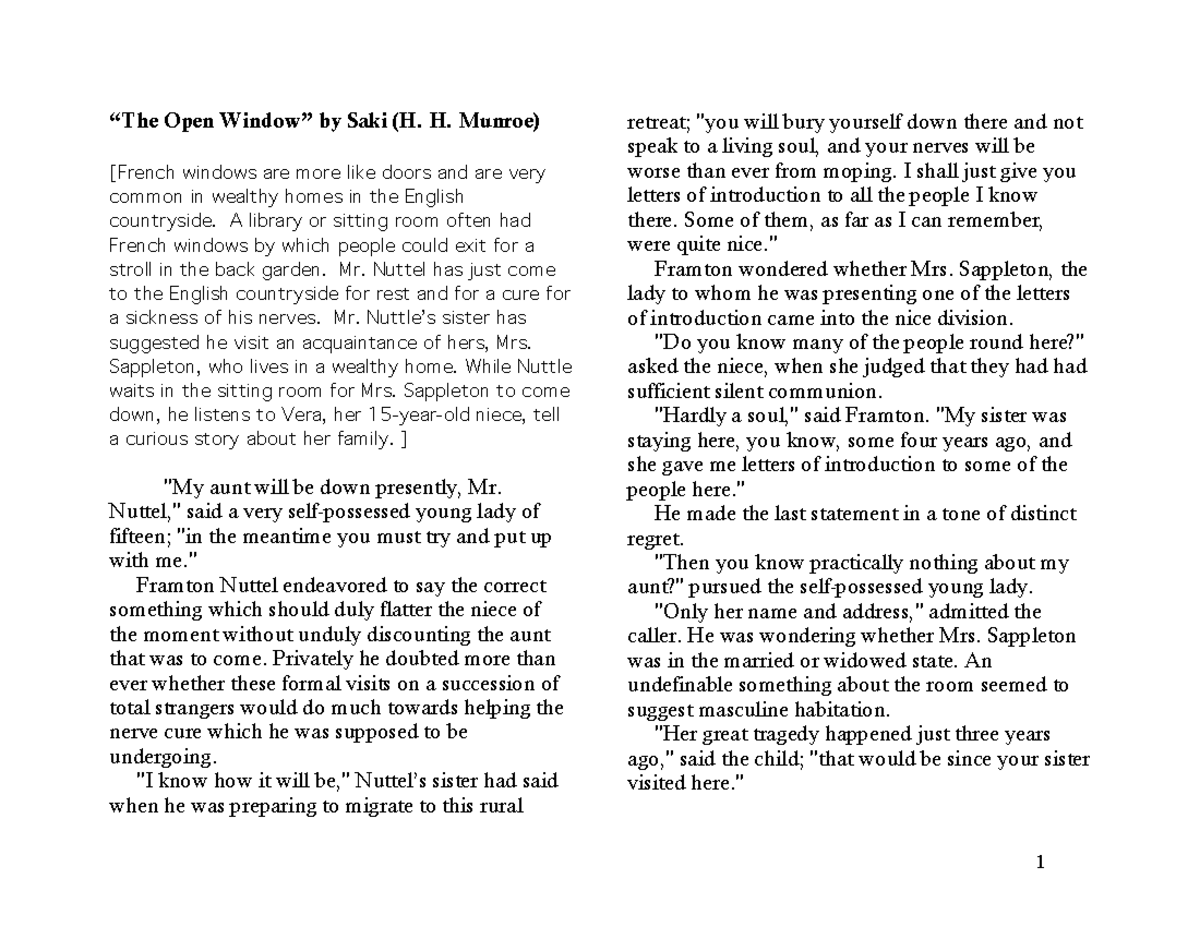 The Open Window PDF - essay - “The Open Window” by Saki (H. H. Munroe) [French windows are more ...