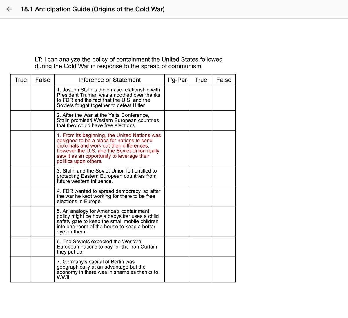 18.1 Anticipation Guide (Origins of the Cold War) - LT: I can analyze ...