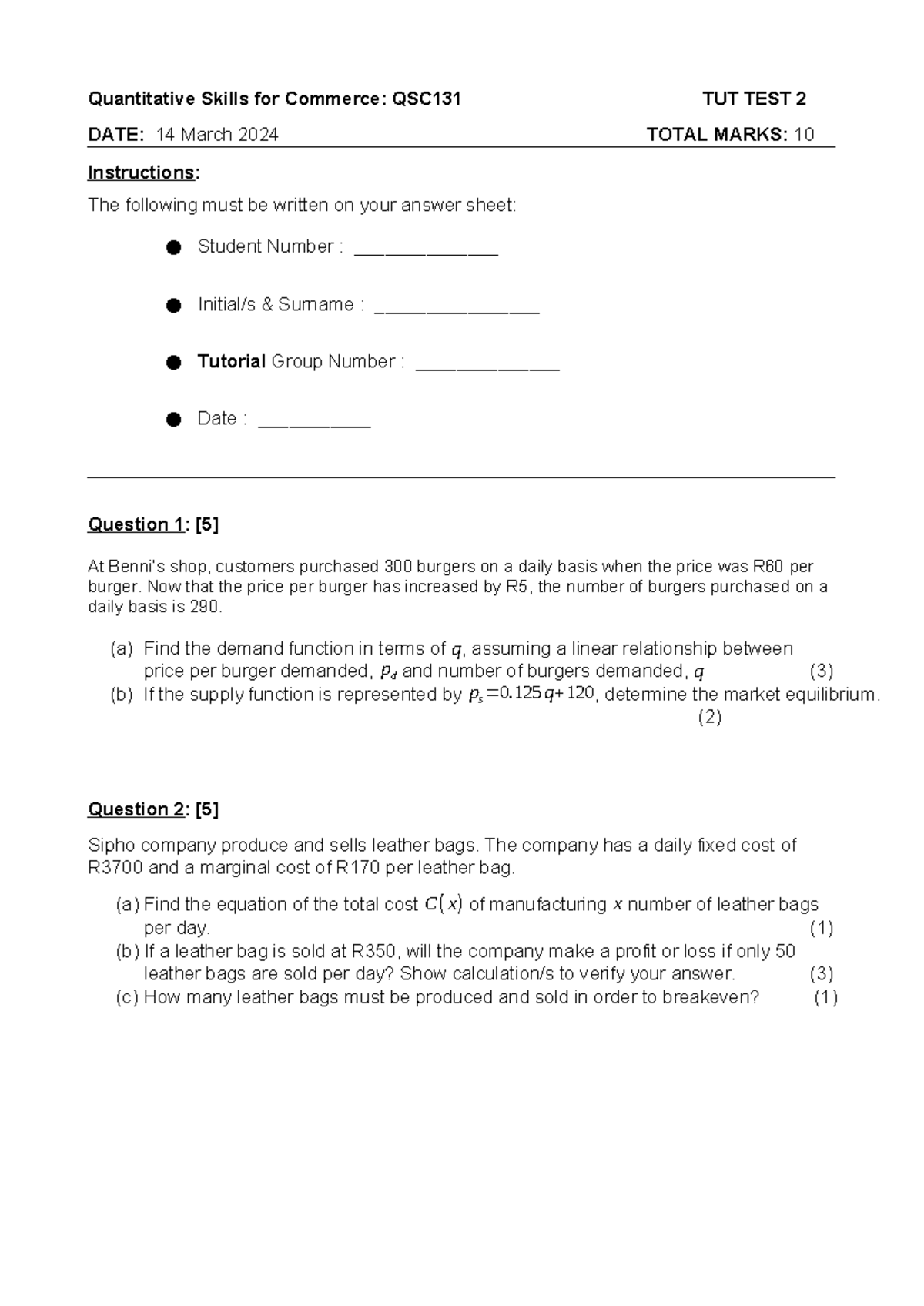 QSC131 Tut Test 2 - Quantitative Skills for Commerce: QSC131 TUT TEST 2 ...
