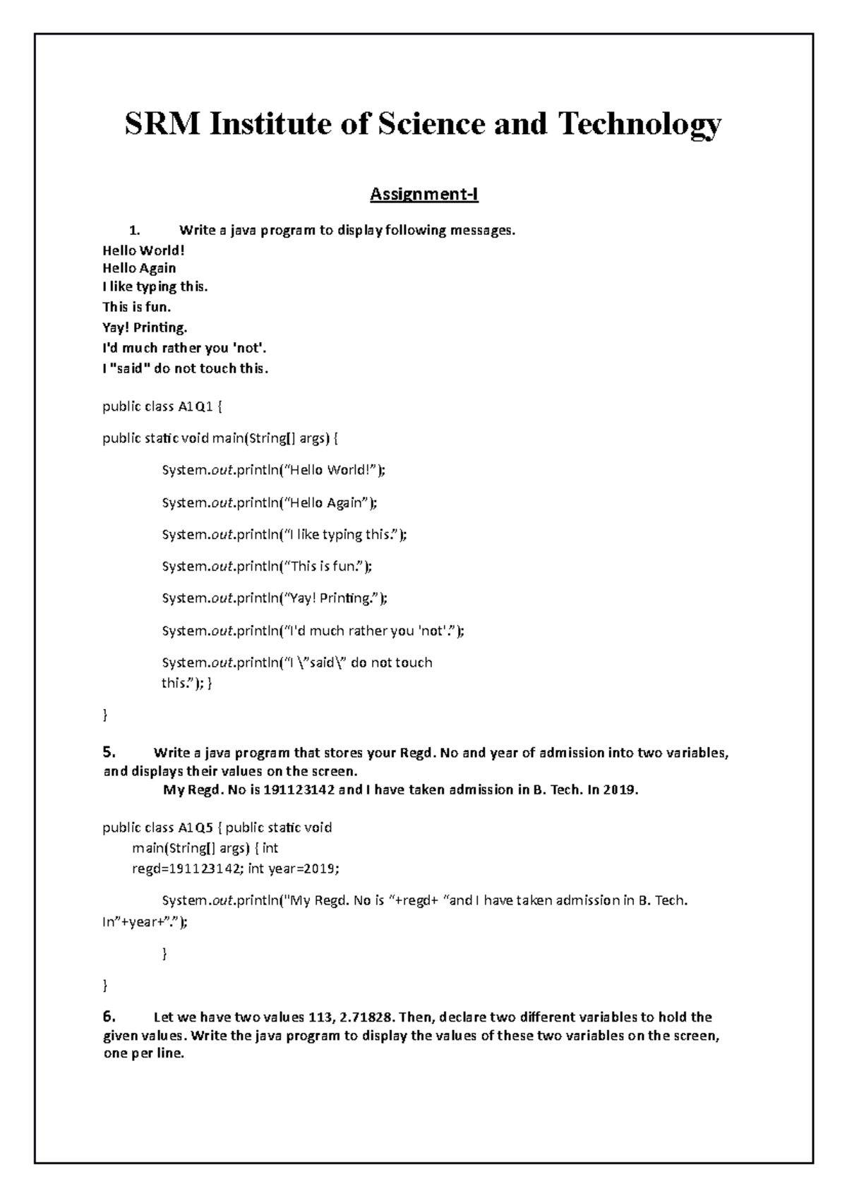Assignment 1solution Srm Institute Of Science And Technology