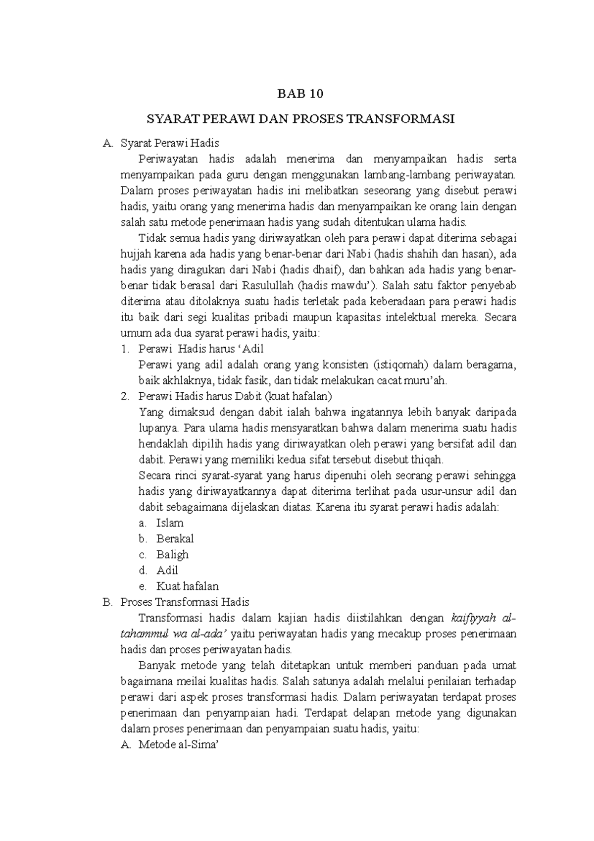 Syarat Perawi Hadist - BAB 10 SYARAT PERAWI DAN PROSES TRANSFORMASI A ...