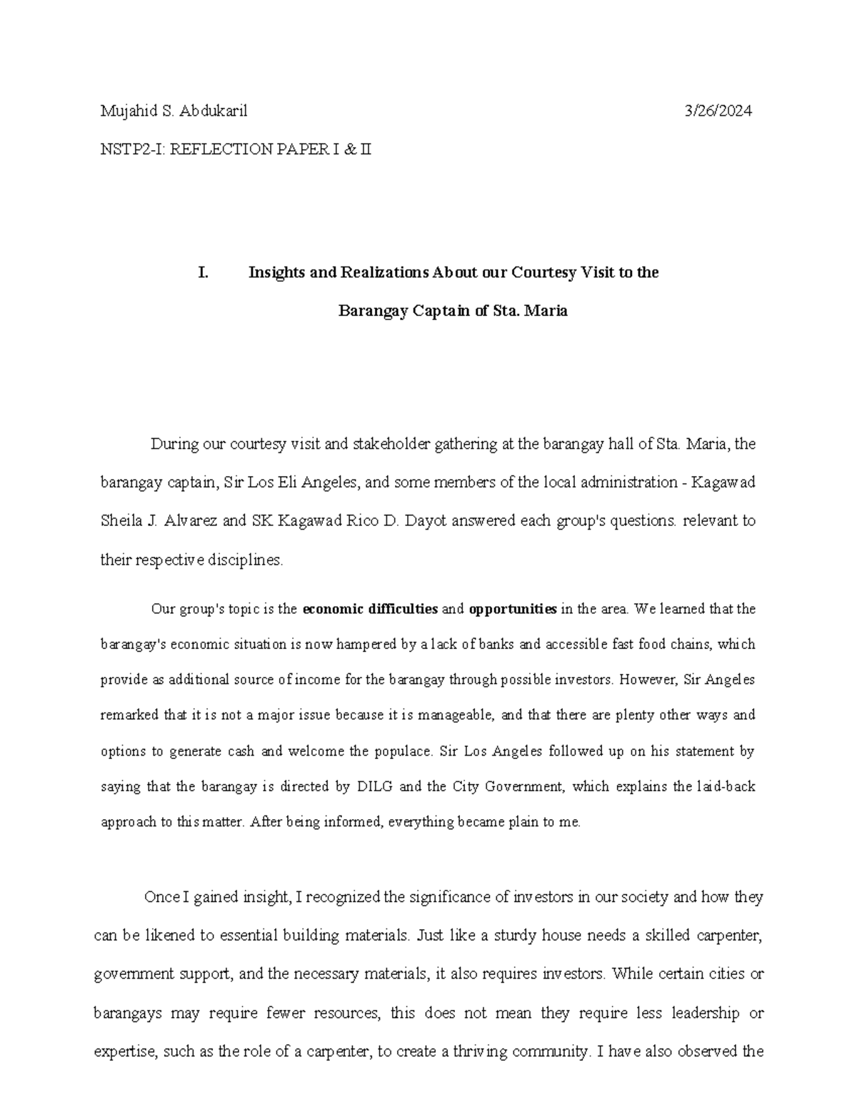 NSTP 2 Reflection Paper Economics - Mujahid S. Abdukaril 3/26/ NSTP2-I ...