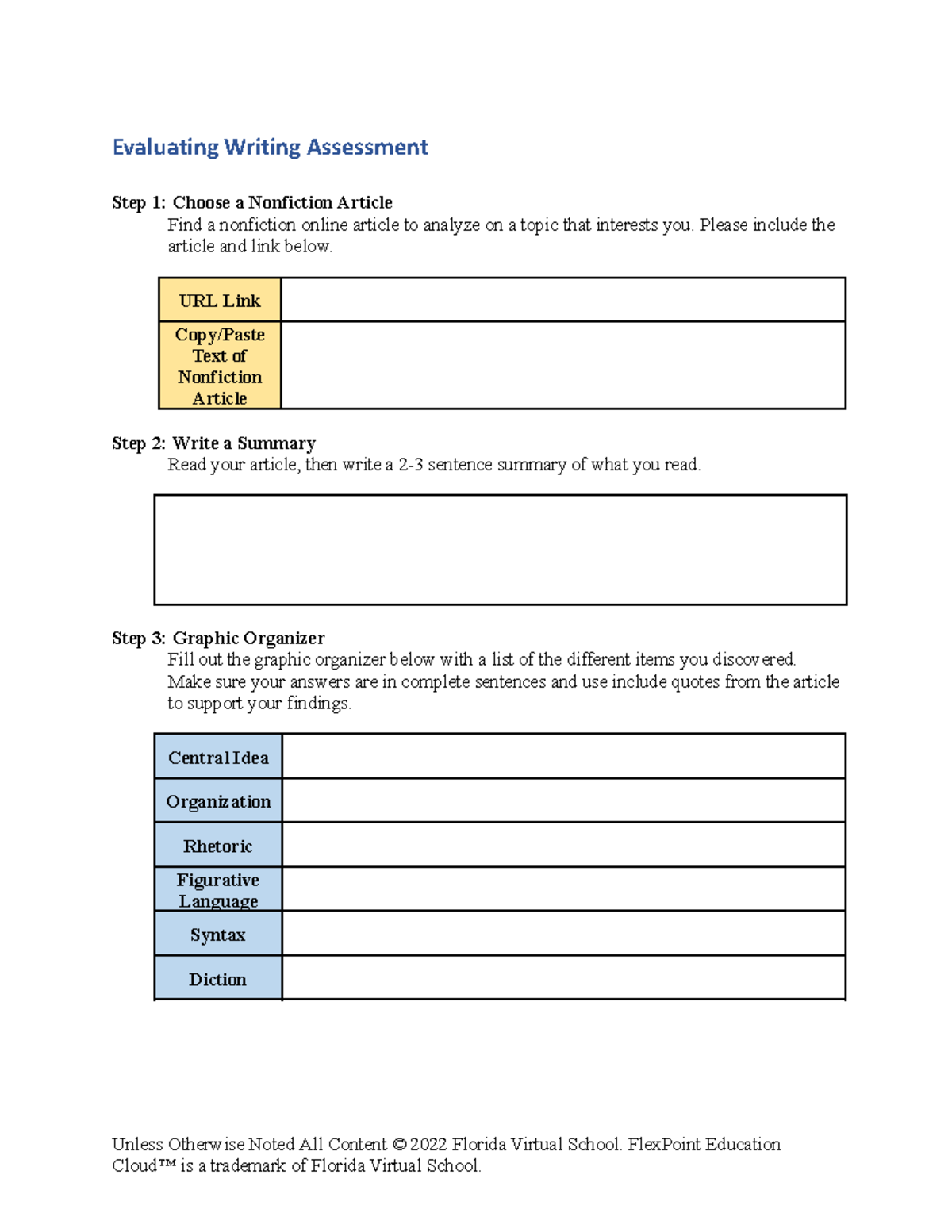 Evaluating writing assess rubric - Evaluating Writing Assessment Step 1 ...