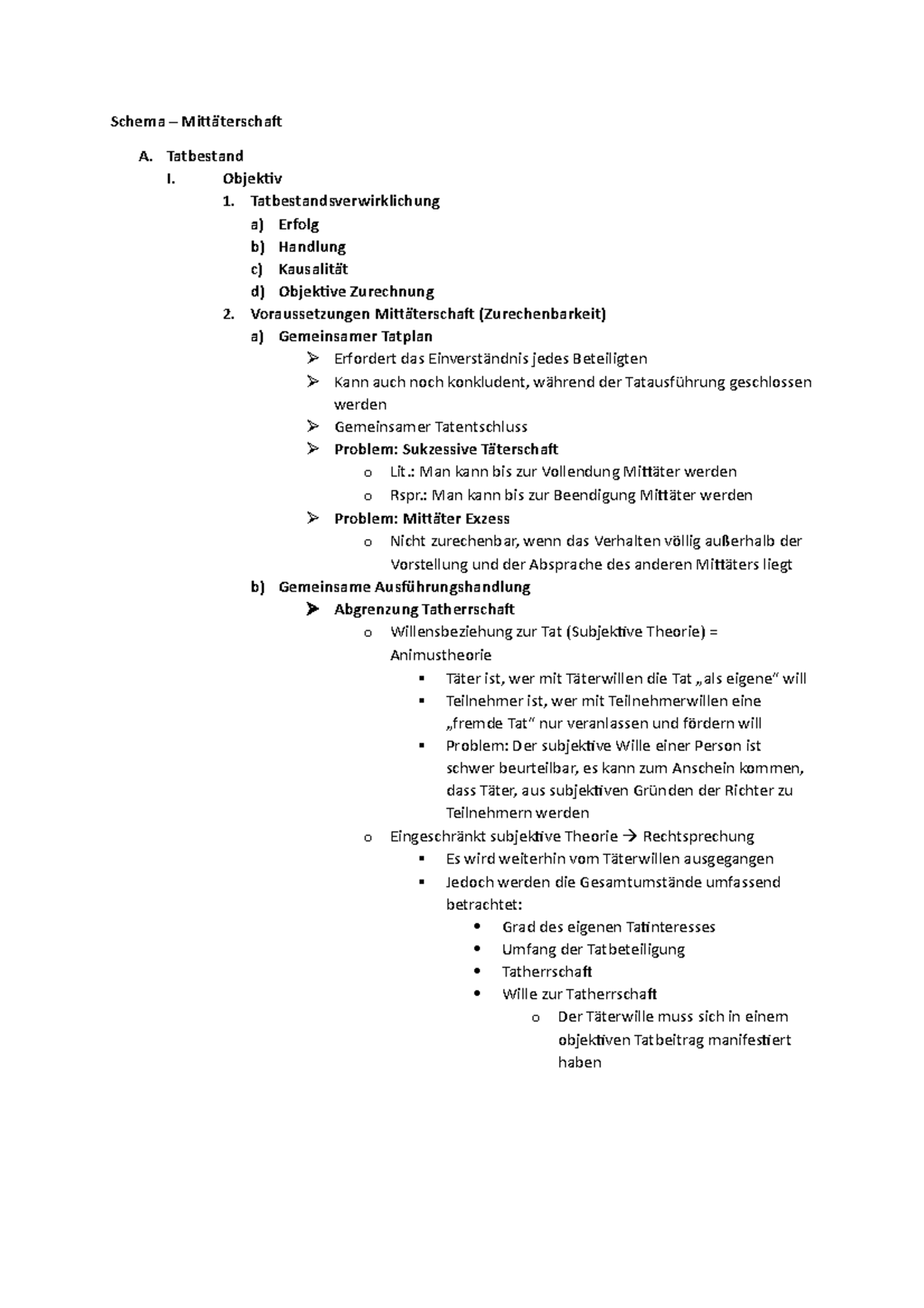 Mittäterschaft - Schema A. Tatbestand I. Objektiv 1 ...
