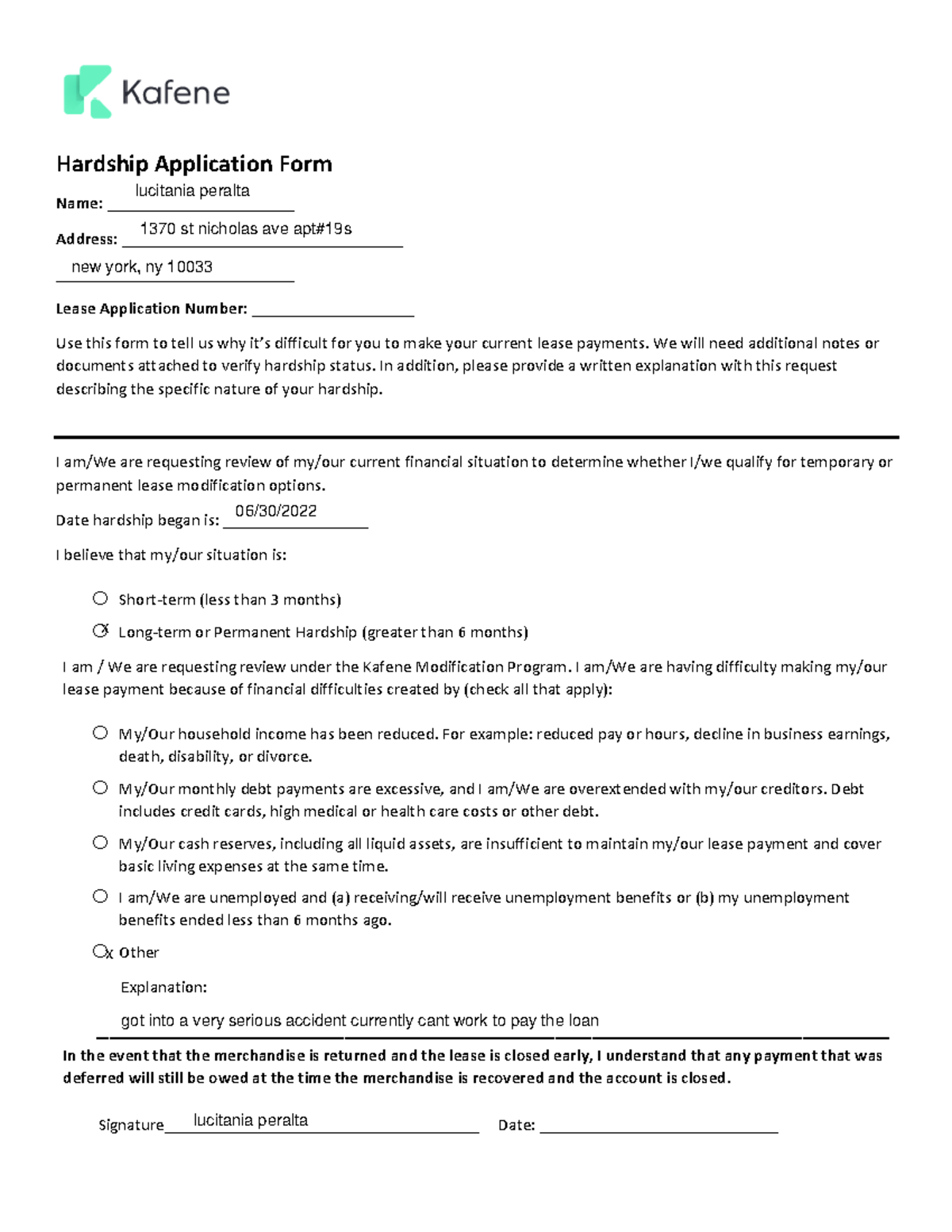 Kafene Hardship Application - Hardship Application Form Name ...