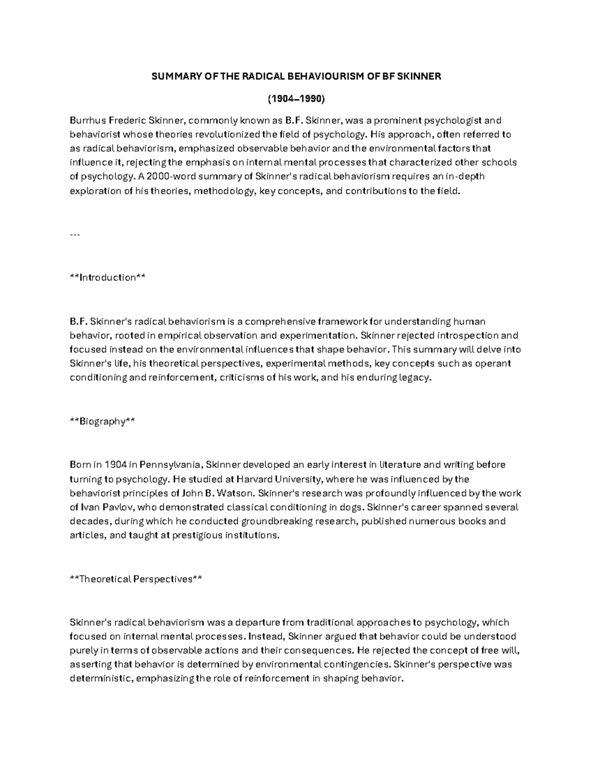 Bf skinner - Summary Personology - SUMMARY OF THE RADICAL BEHAVIOURISM ...