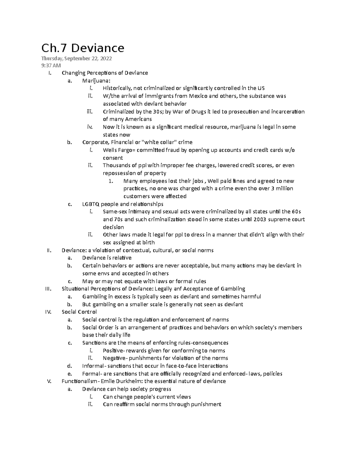 Intro to Soc- Chapter 7 - Dr. Glover - Ch Deviance Thursday, September ...
