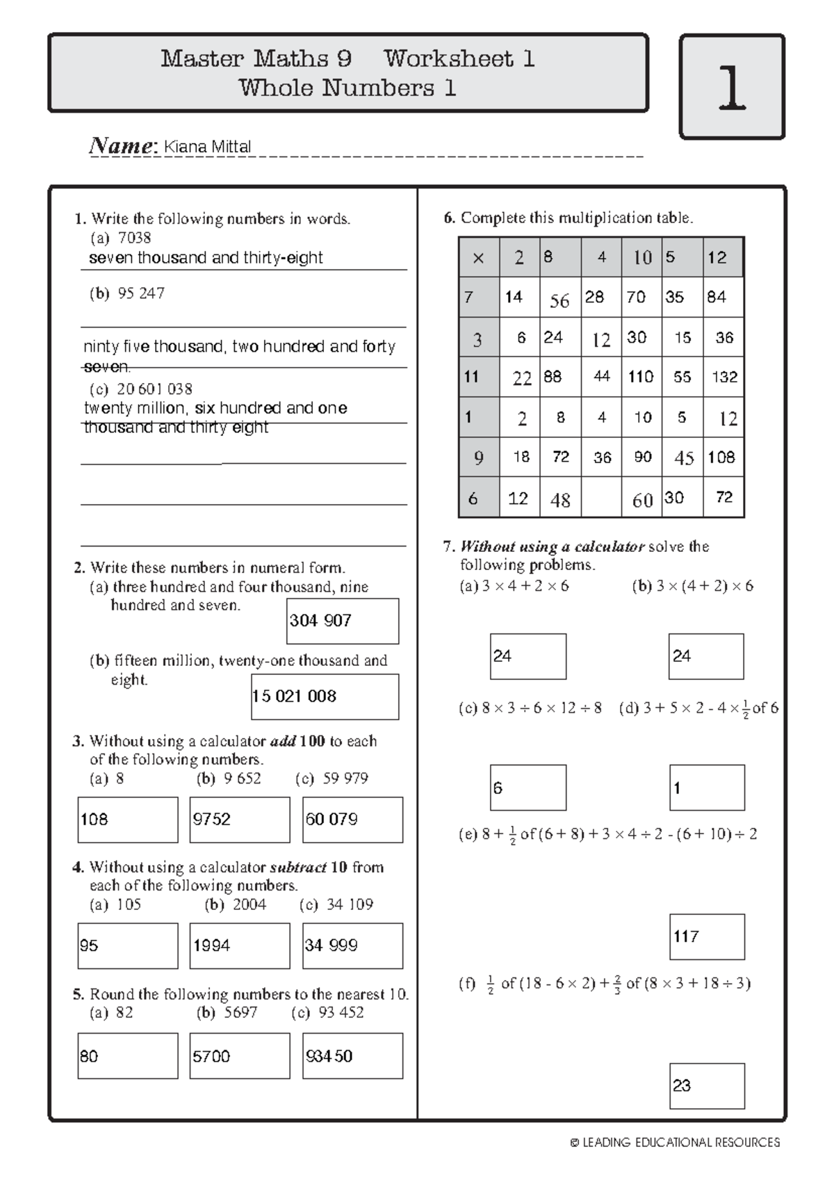Master Maths 9 Worksheets - Name: Whole Numbers 1 1 Write the following ...