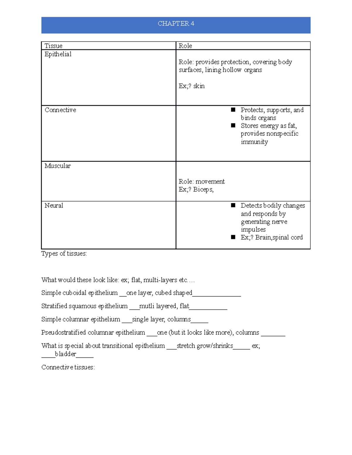 Chapter 4 boardwork - Tissue Role Epithelial Role: provides protection, covering body surfaces ...