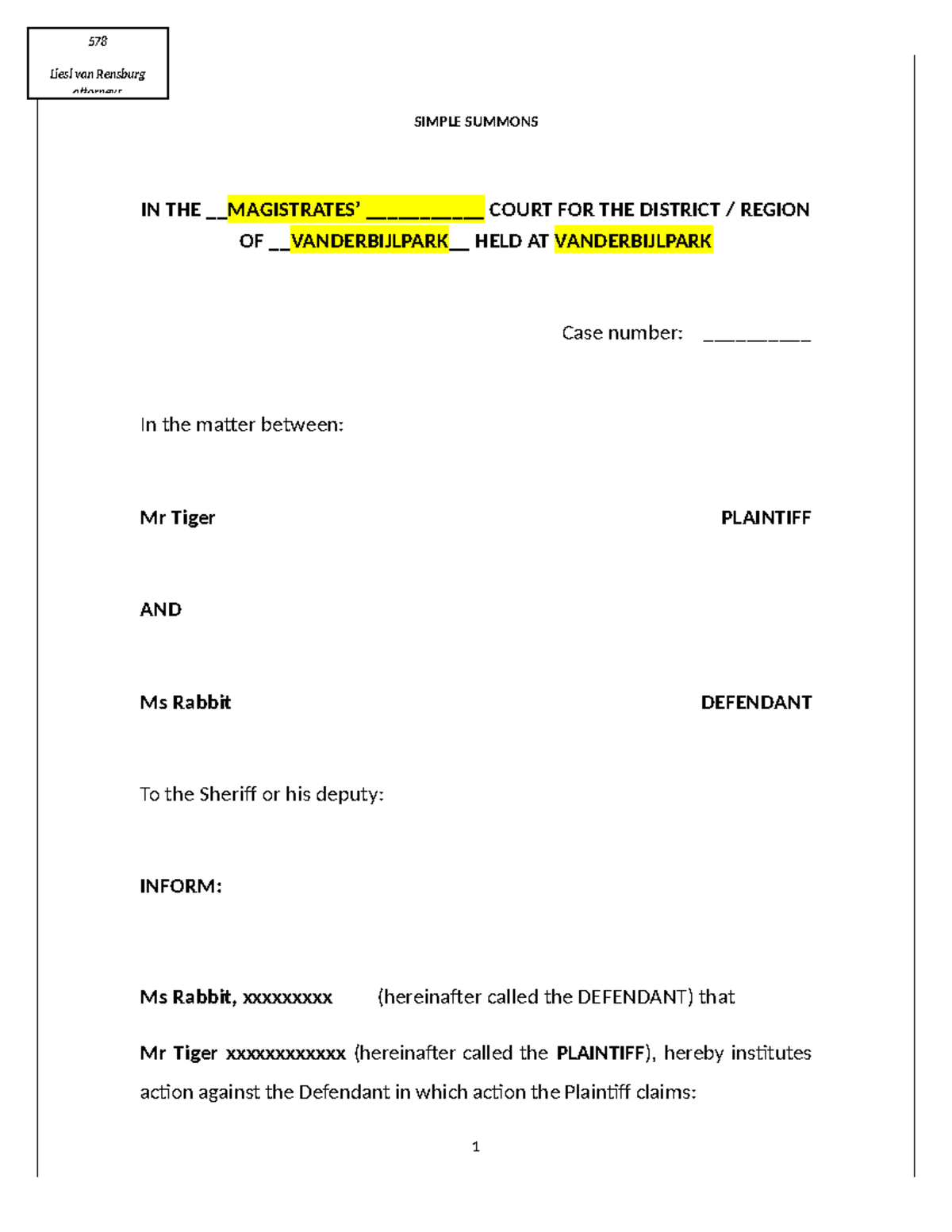 Direct File Topic Download-32 - SIMPLE SUMMONS IN THE __MAGISTRATES ...