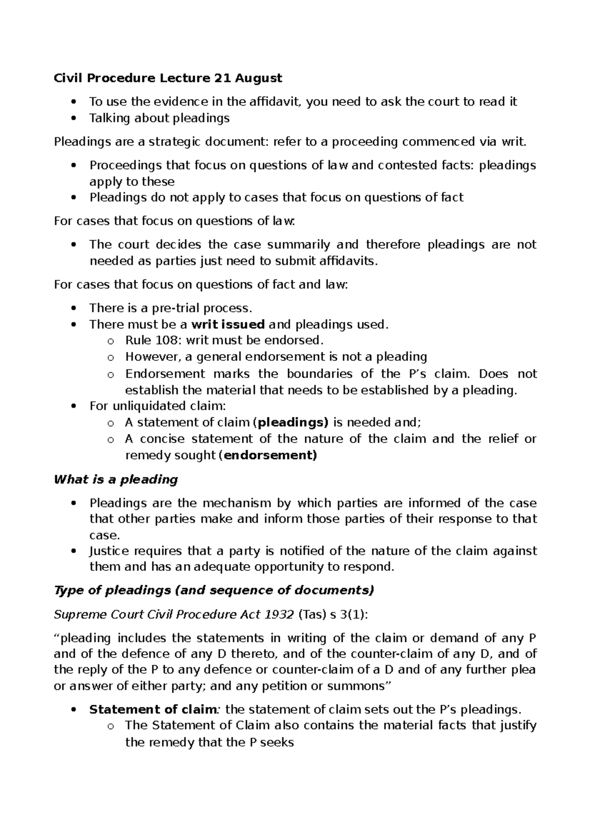 Pleadings Summaries - Civil Procedure Lecture 21 August To use the ...