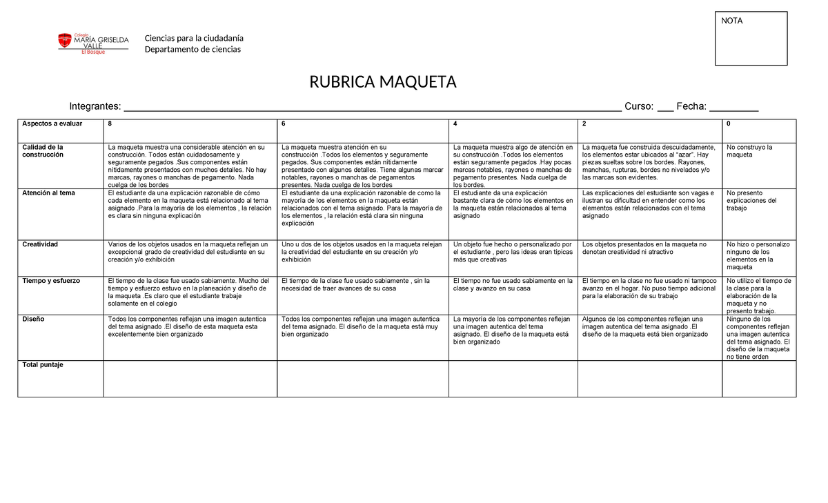 Rubrica maqueta - ciencias - Ciencias para la ciudadanía Departamento ...