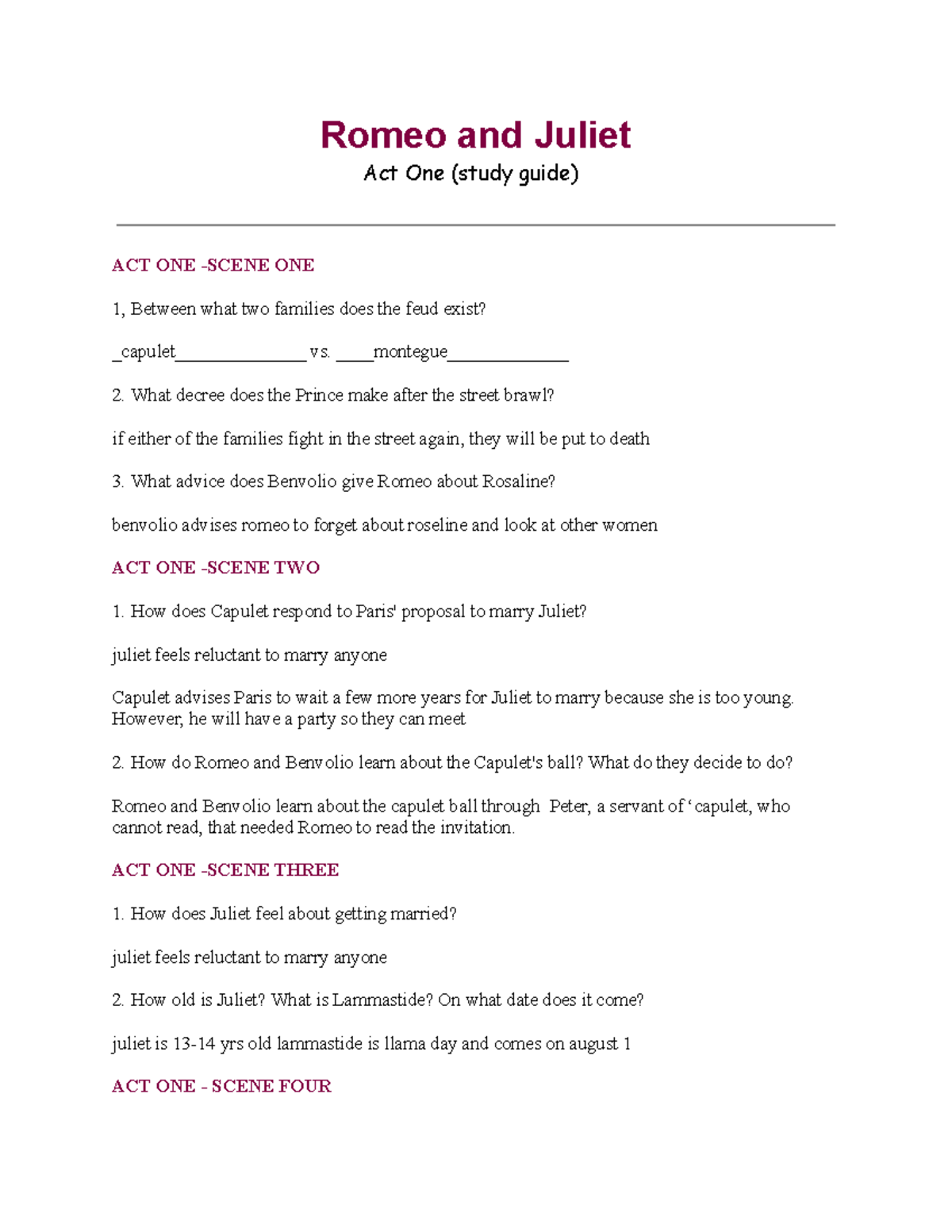 Neeya Mills - Copy of Romeo and Juliet study guide - Romeo and Juliet ...