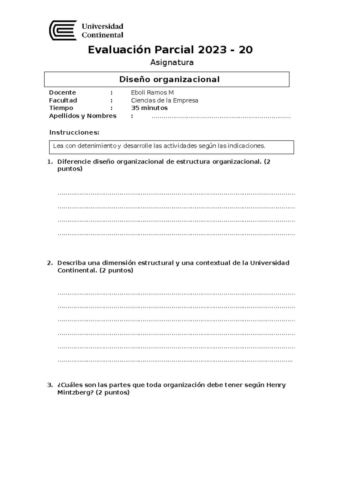 Prueba Parcial DO - nada - Evaluación Parcial 2023 - 20 Asignatura Docente : Eboli Ramos M ...