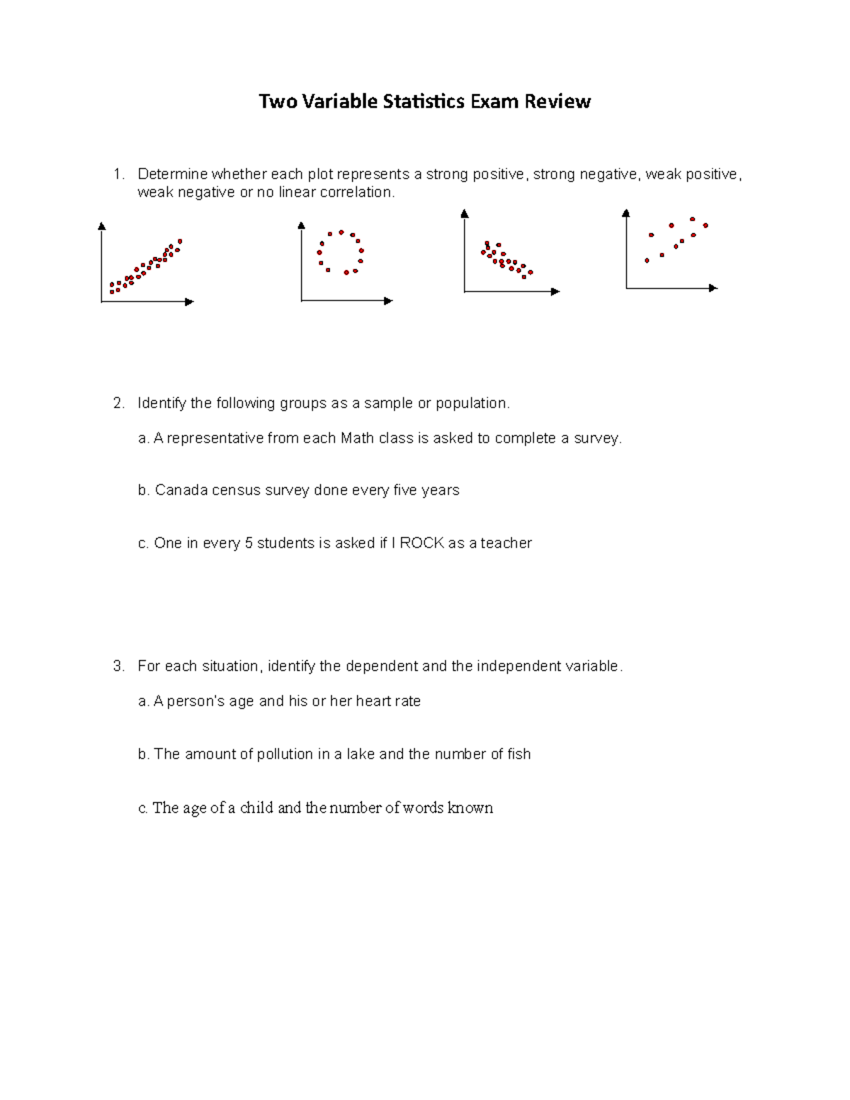 Two Variable Statistics Exam Review Practice Two Variable Statistics