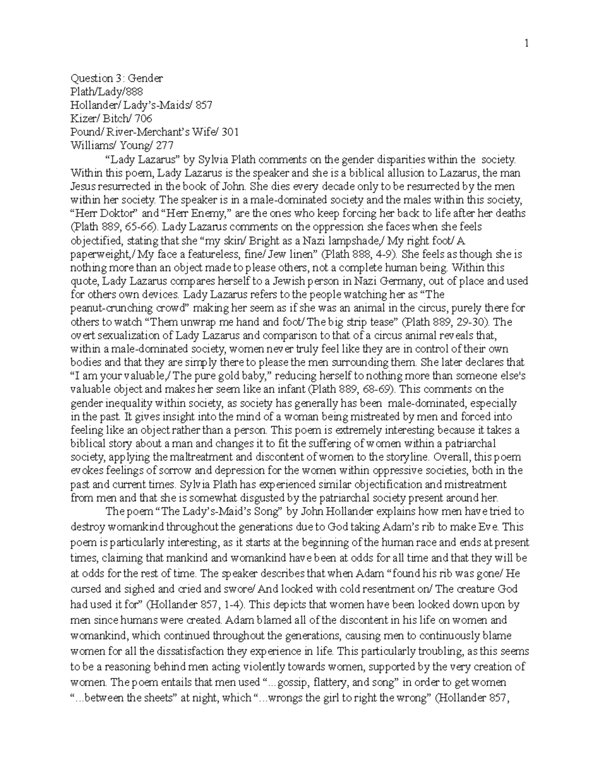 American Literature Final Exam Paper 2 - Question 3: Gender Plath/Lady ...