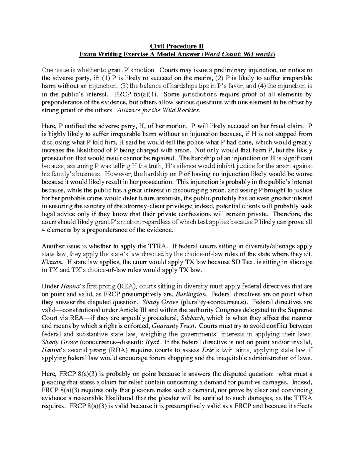 Civil Procedure II - Spring 2023 - Writing Exercise A Model Answer ...