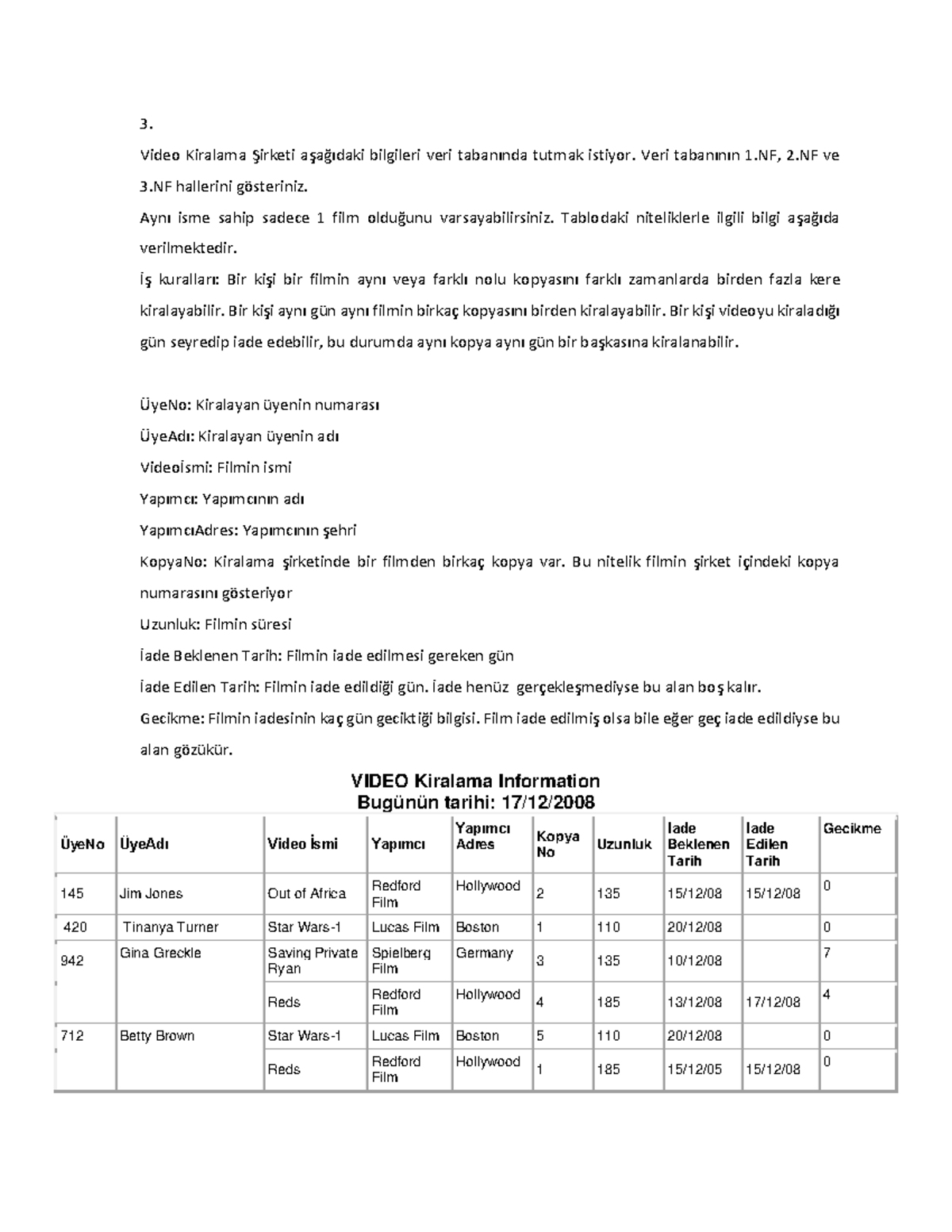 Class Exercise Normalization - 3. Video Kiralama Şirketi aşağıdaki bilgileri veri tabanında ...