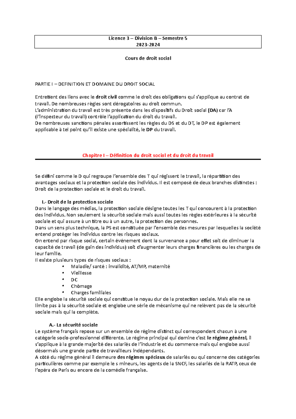 Cm droit social - Licence 3 – Division B – Semestre 5 2023- Cours de ...