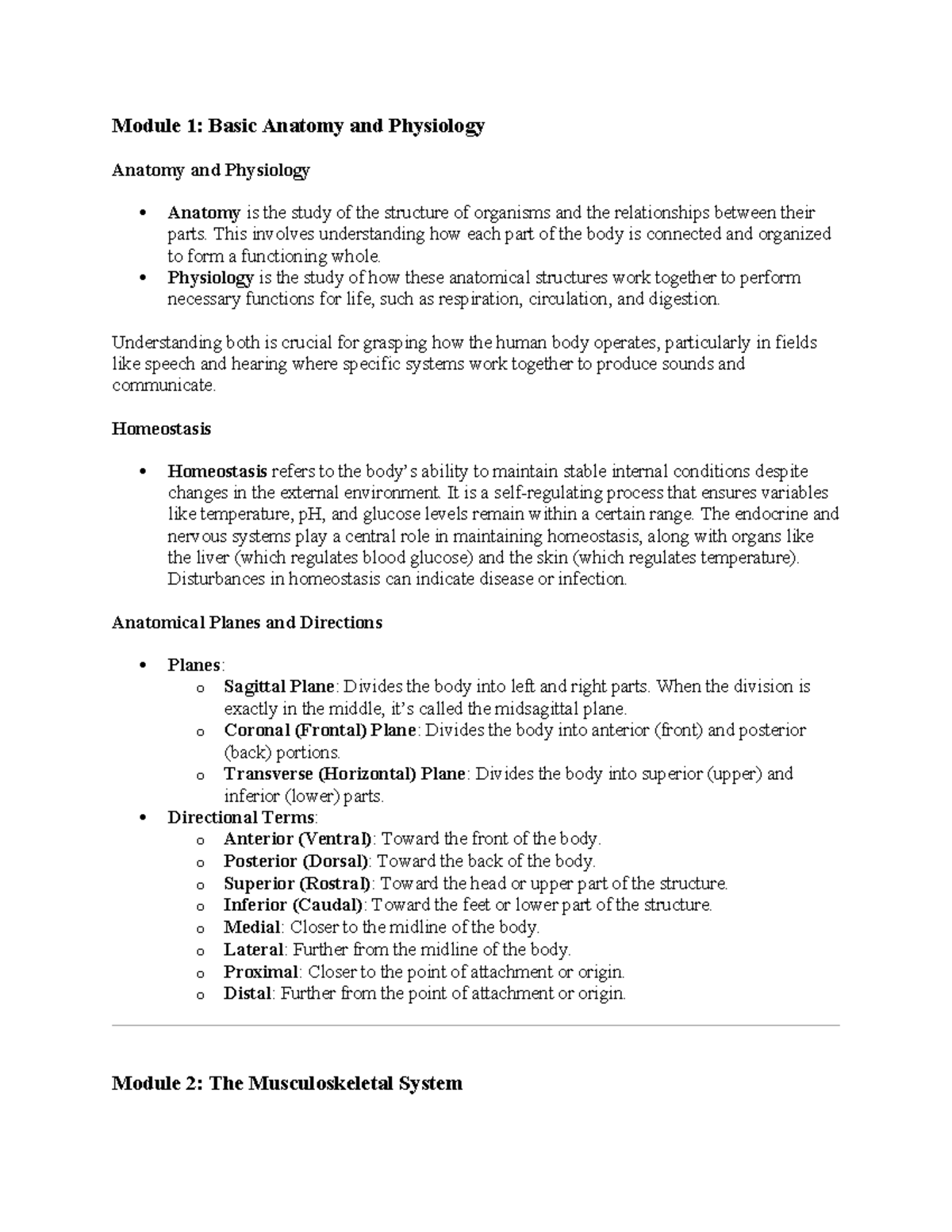 SPA 3101 Exam 1 Study Guide - Module 1: Basic Anatomy and Physiology ...