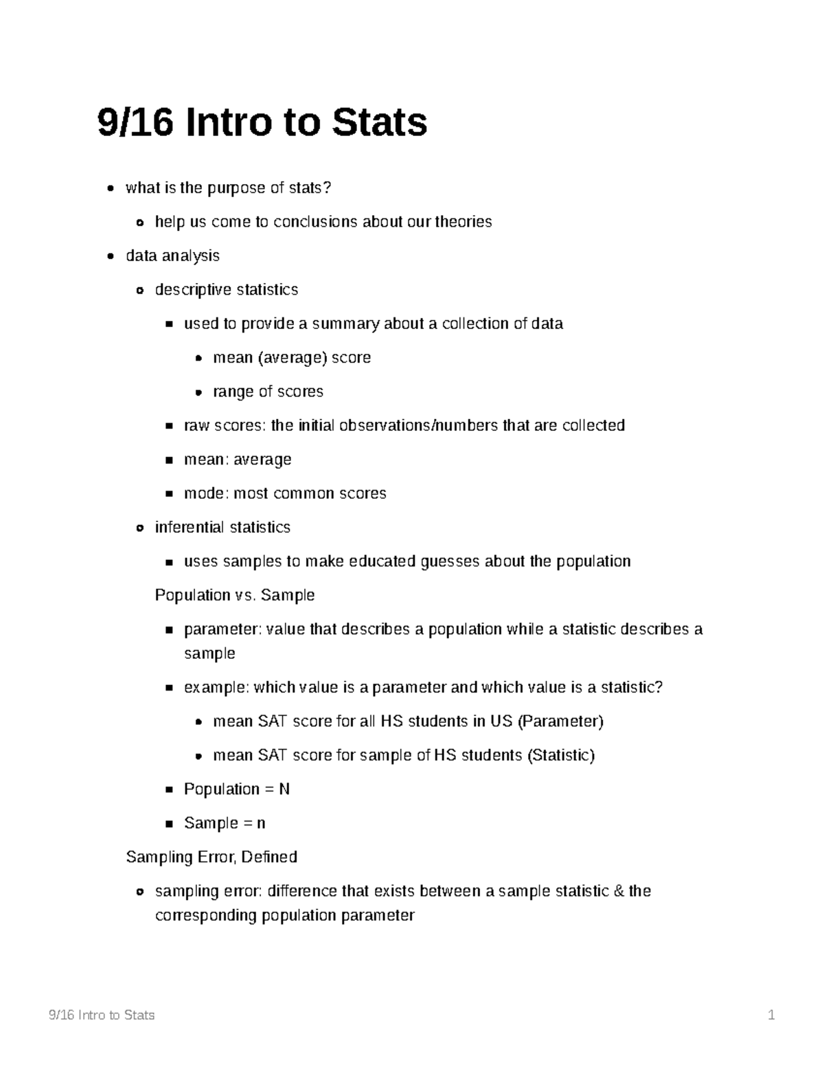 9/16 Intro to Stats - 9/16 Intro to Stats what is the purpose of stats ...