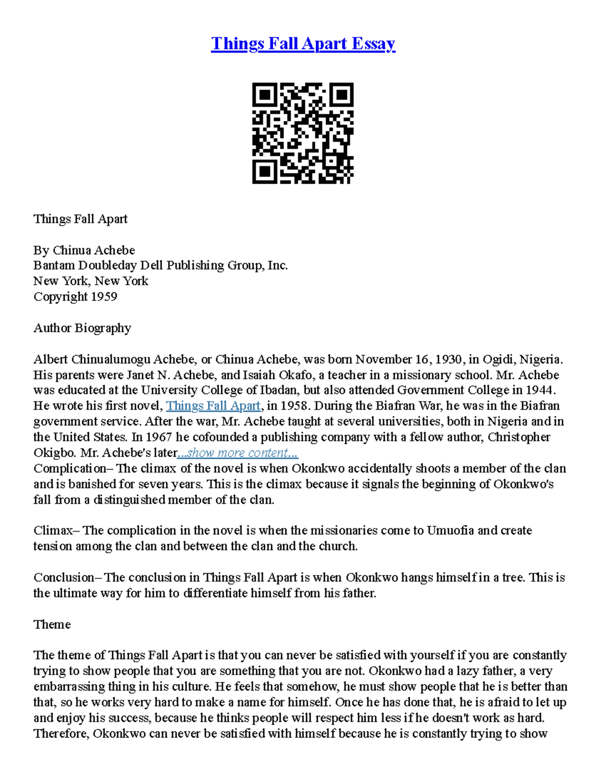 Things Fall Apart Essays - Things Fall Apart Essay Things Fall Apart By ...