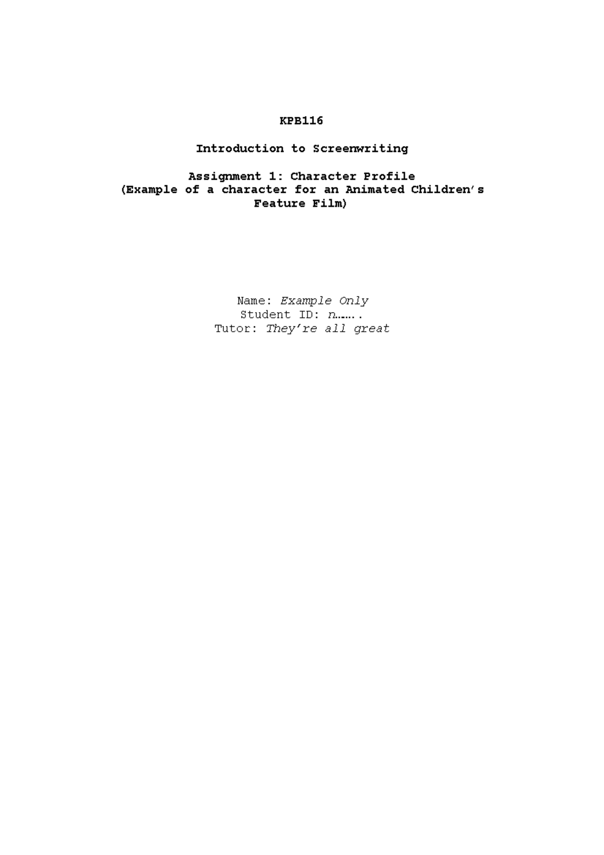 Example Character Notes Animated Childrens Film - KPB116 - QUT - Studocu