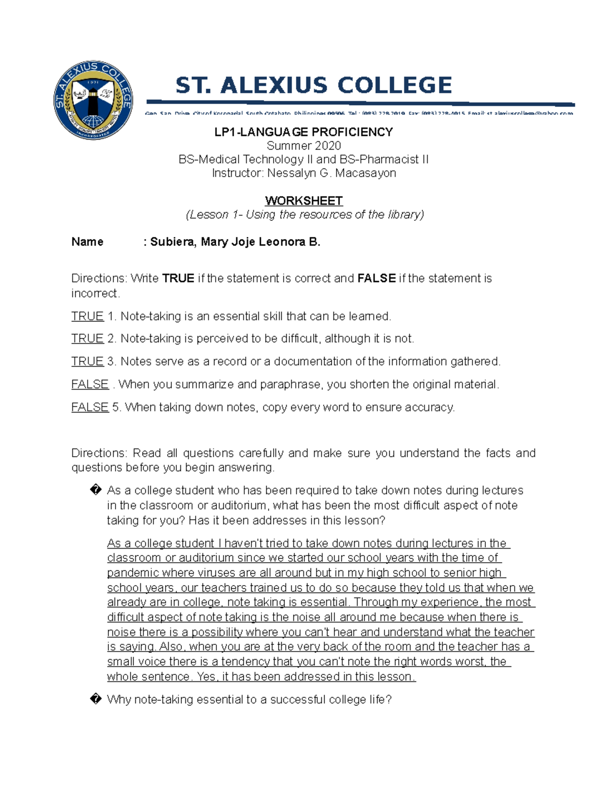 Mary Joje Leonora Subiera - week-2-worksheet - ST. ALEXIUS COLLEGE LP1 ...