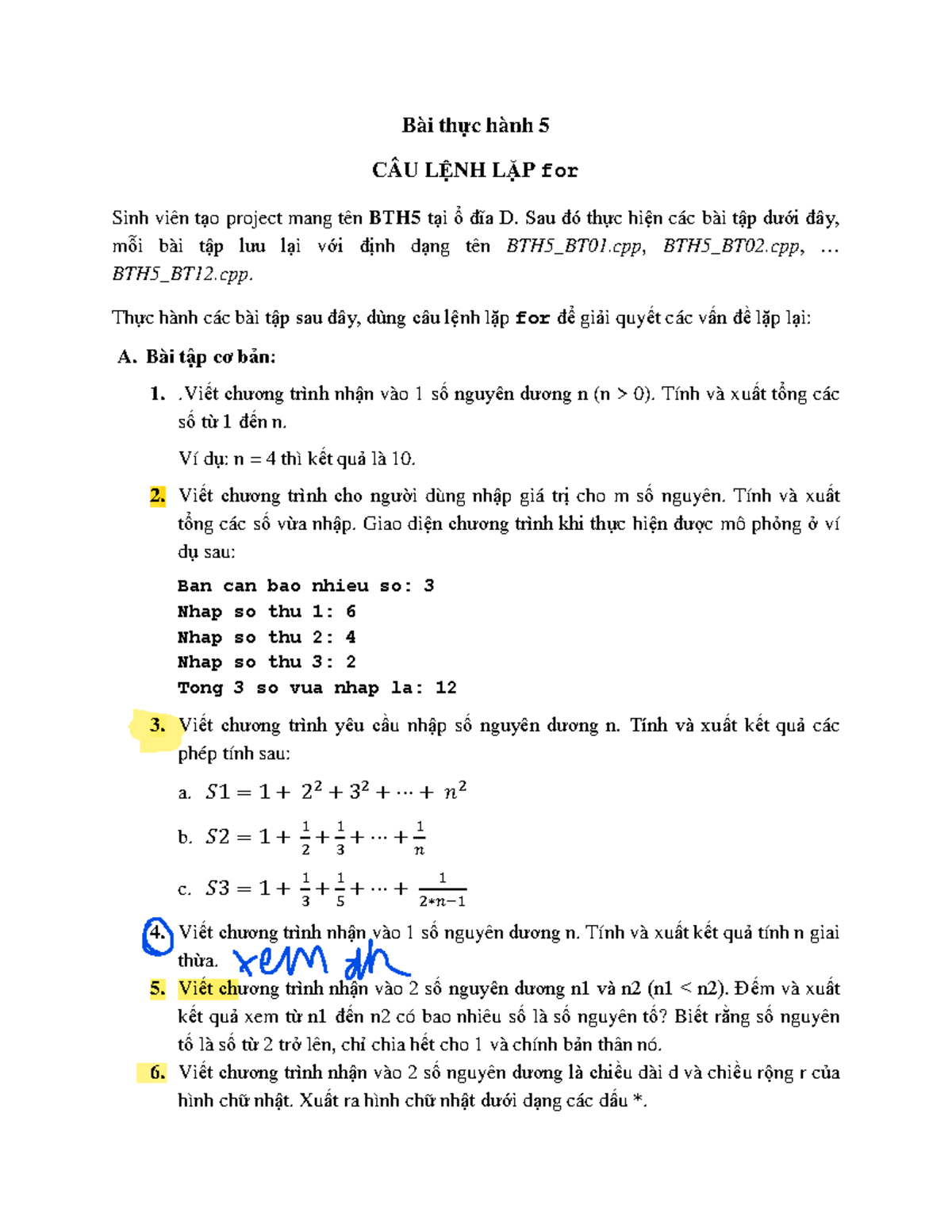CSLT lab5 - cơ sở lập trình - Bài thực hành 5 CÂU LỆNH LẶP for Sinh ...