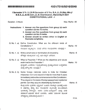 English Question Paper - Constitutional Law - I - KSLU - Studocu