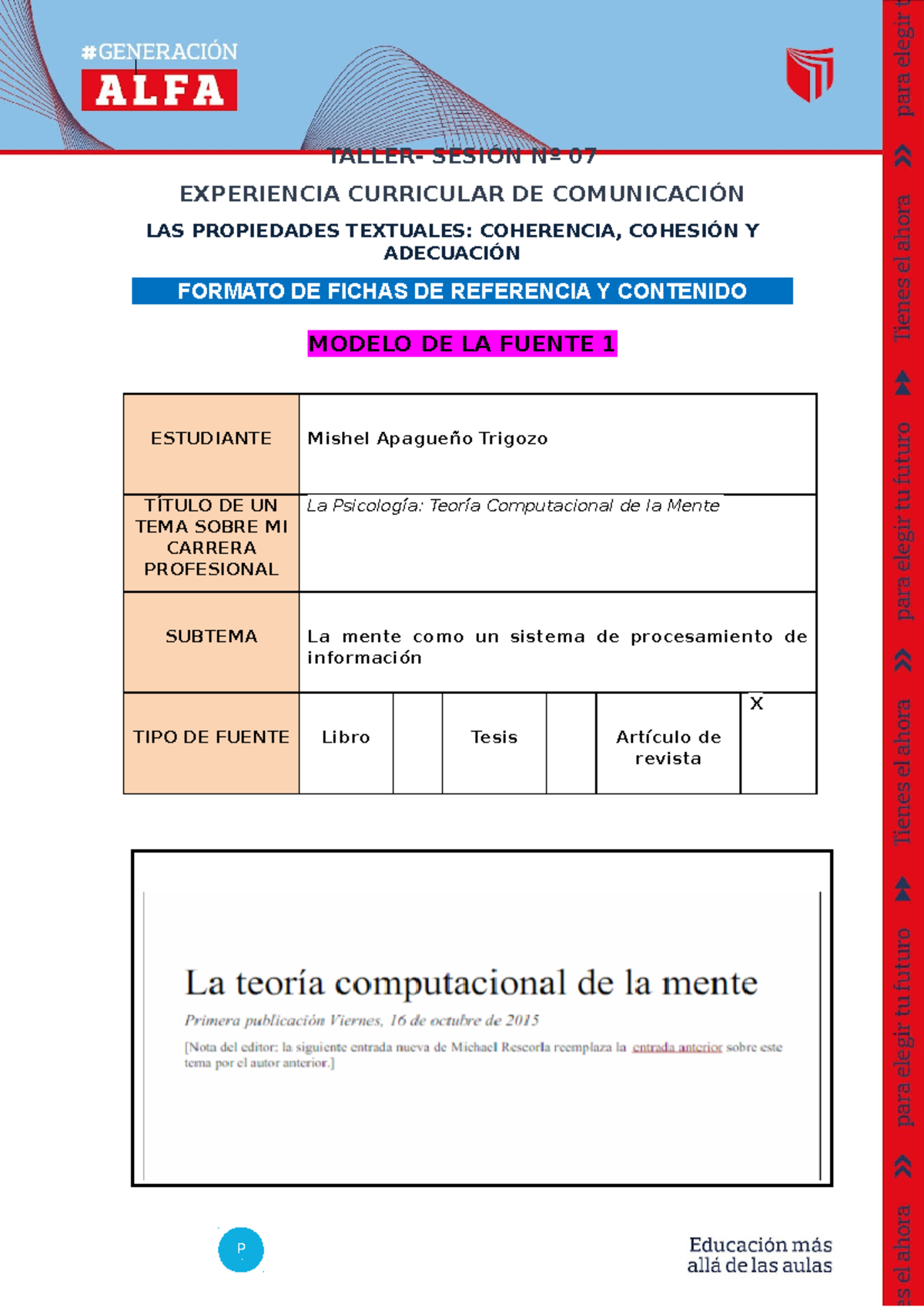 Formato PARA LA Elaboración DE LA Ficha Textual Y DE Resumen - TALLER ...