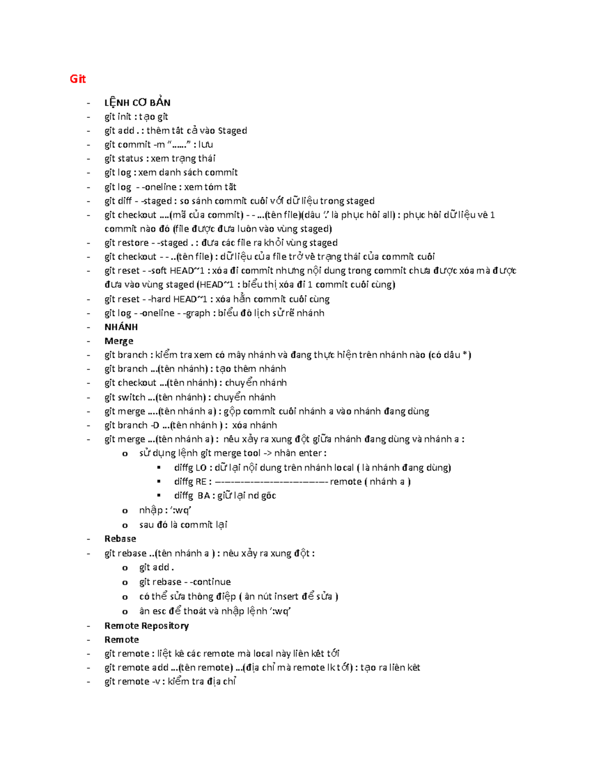 Git - sadads - Git - L ỆNH C Ơ B ẢN git init : t ạo git git add. : thêm tấất c ảvào Staged git ...