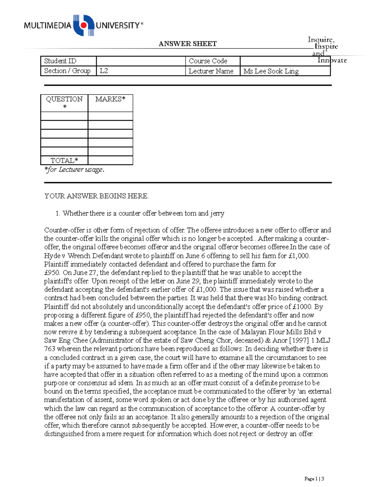 62 1191100138 UNL1612 Tri 2010 L2 - ANSWER SHEET Student ID Course Code ...