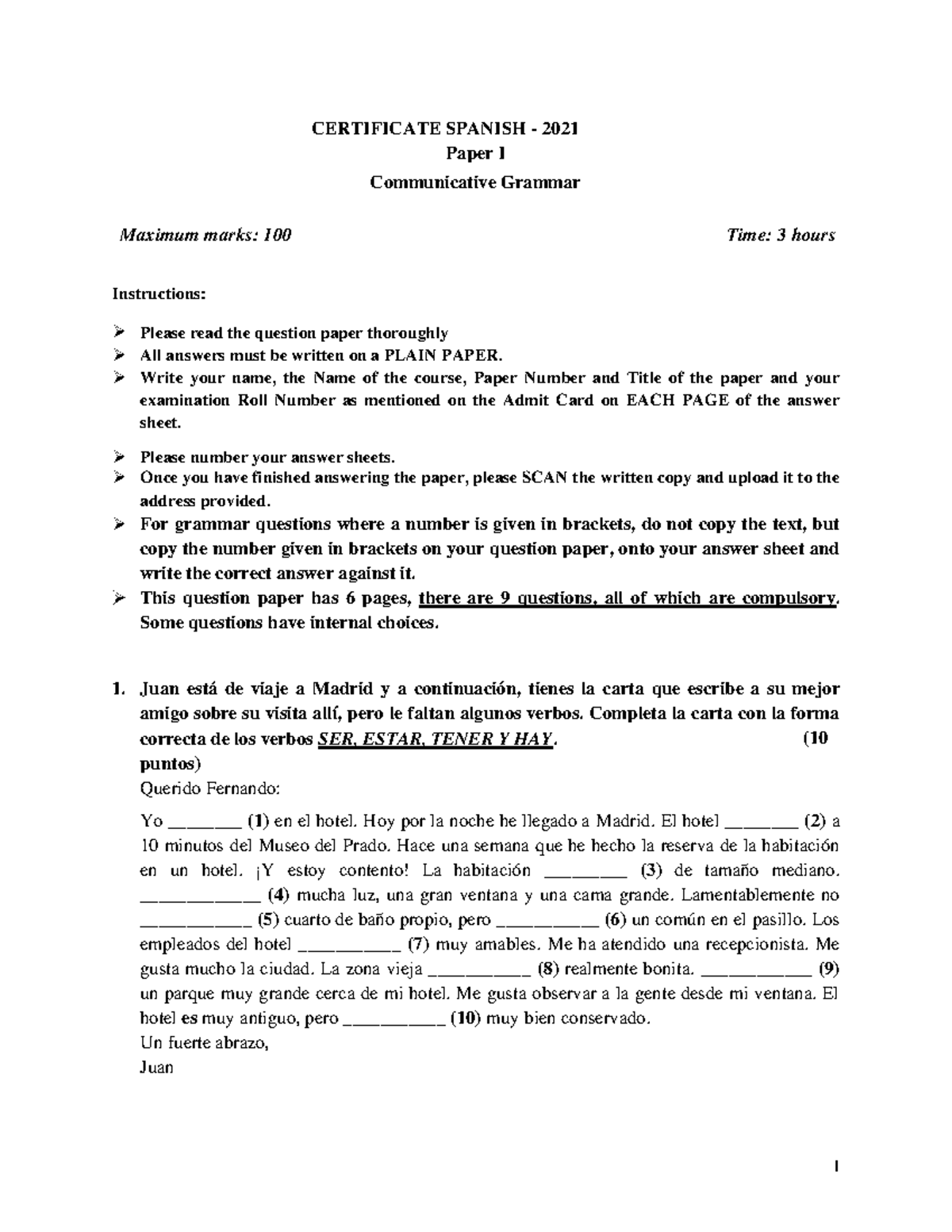 Certificate Spanish Paper 1 - CERTIFICATE SPANISH - 2021 Paper I ...