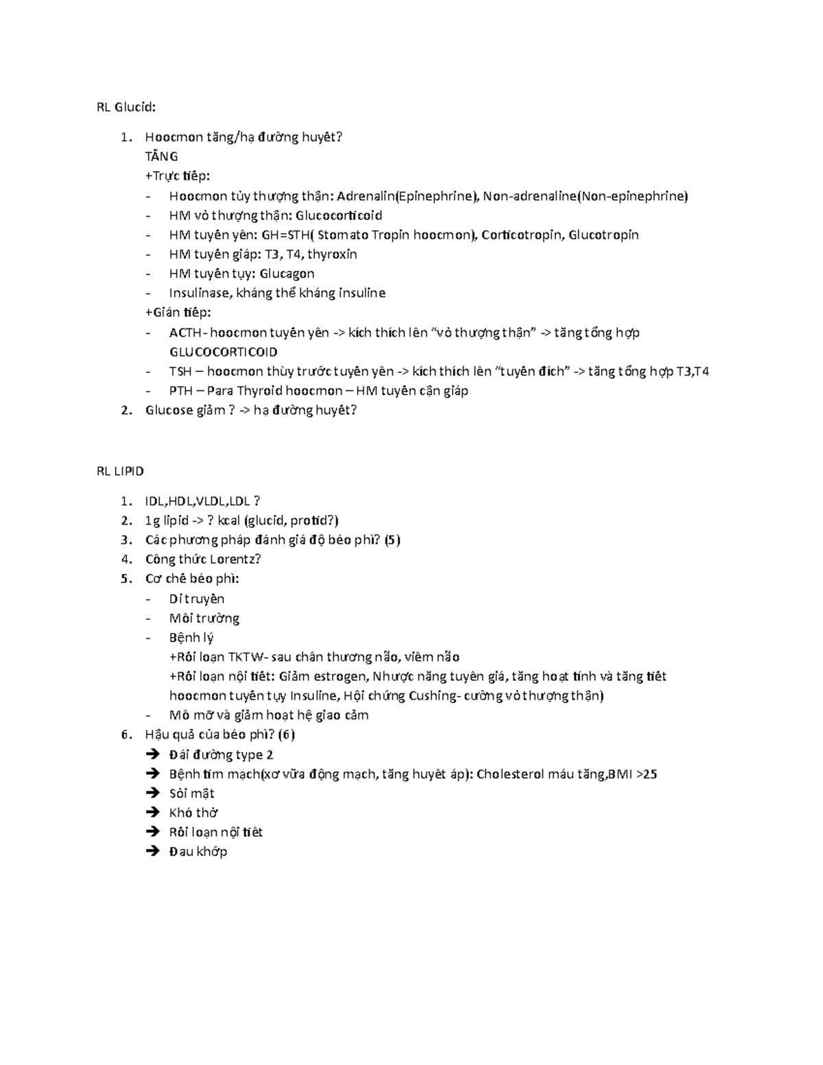 Câu hỏi ôn tập SINH LÝ BỆNH-MIỄN DỊCH - RL Glucid: Hoocmon tăng/h đ ng huyếết?ạườ TĂNG +Tr c ...
