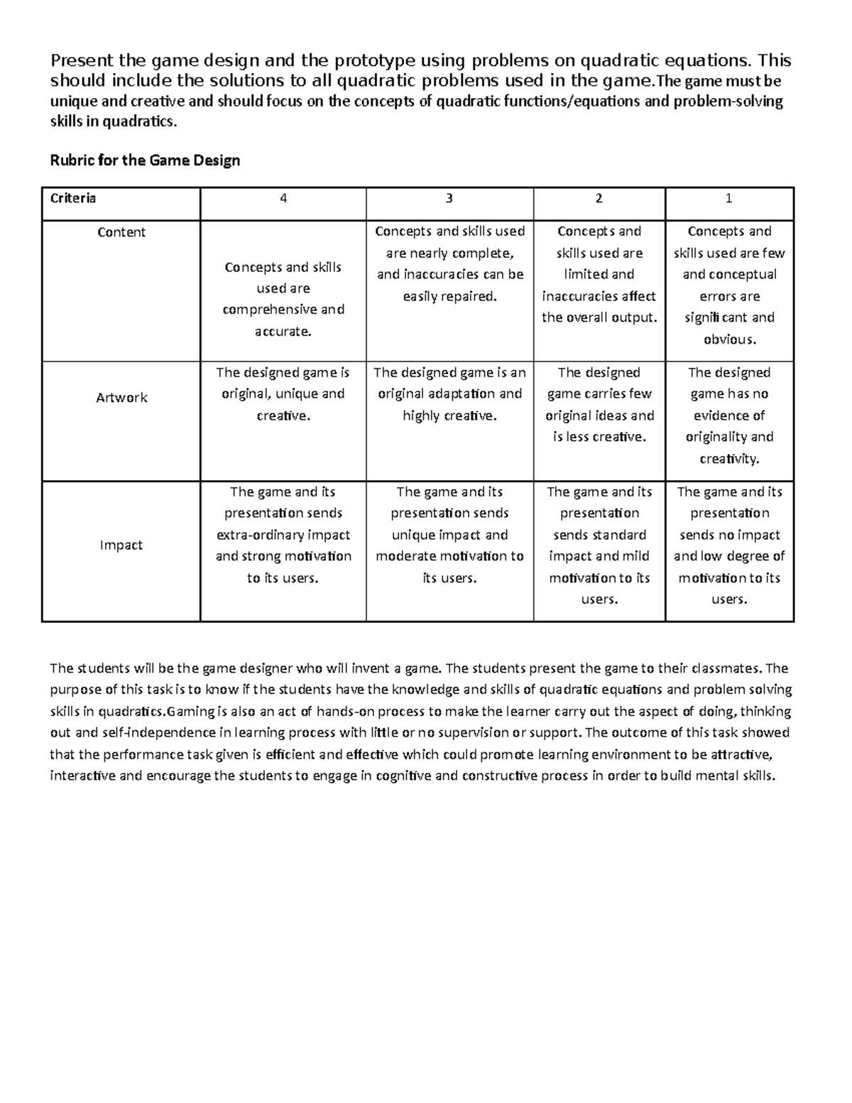 Performance TASK - Present the game design and the prototype using ...