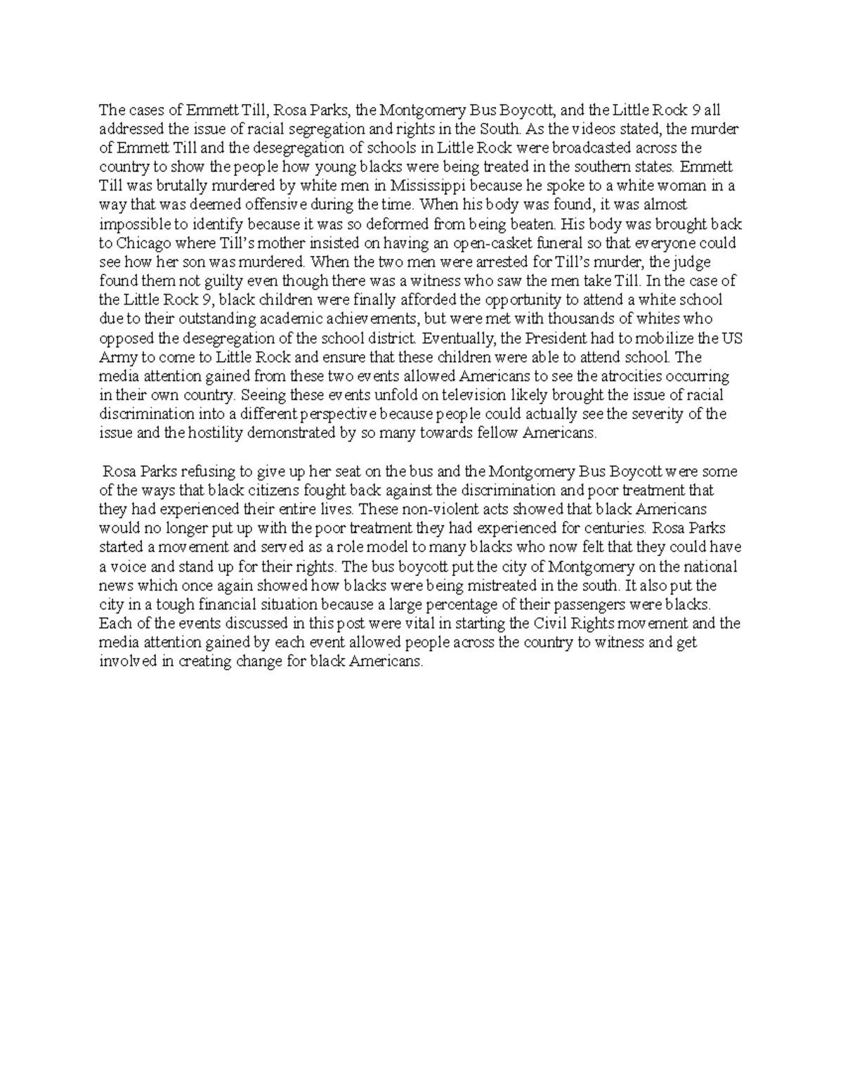 AMST Discussion 4 - Grade: A+ - The cases of Emmett Till, Rosa Parks ...