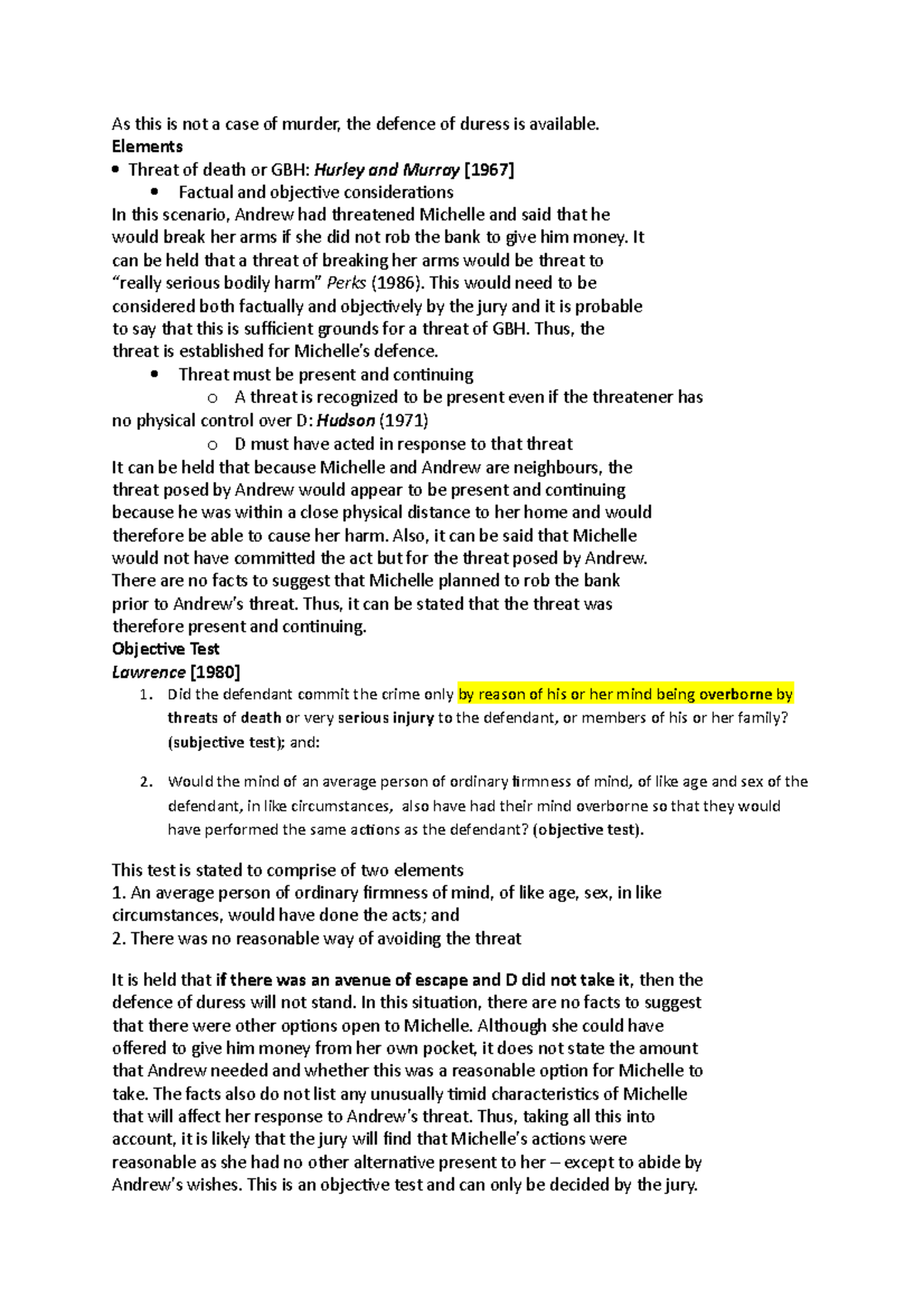 Sample response duress - As this is not a case of murder, the defence ...