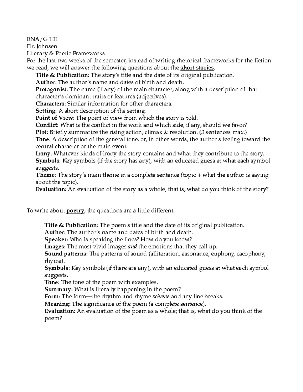 Literary Framework - simple work - ENA/G 101 Dr. Johnsen Literary ...