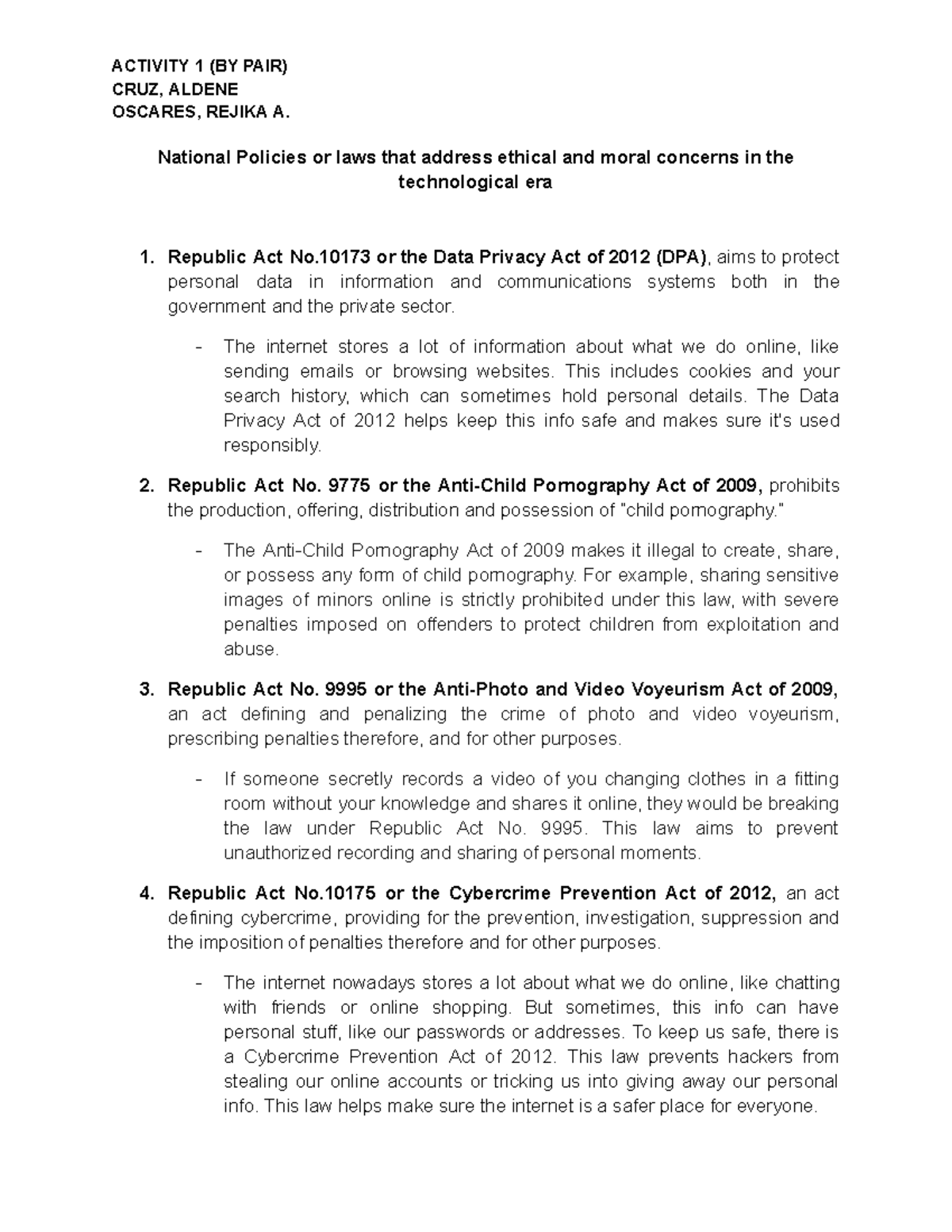 Activity STS NATIONAL POLICIES OR LAWS FOR TECHONOLOGY - ACTIVITY 1 (BY ...
