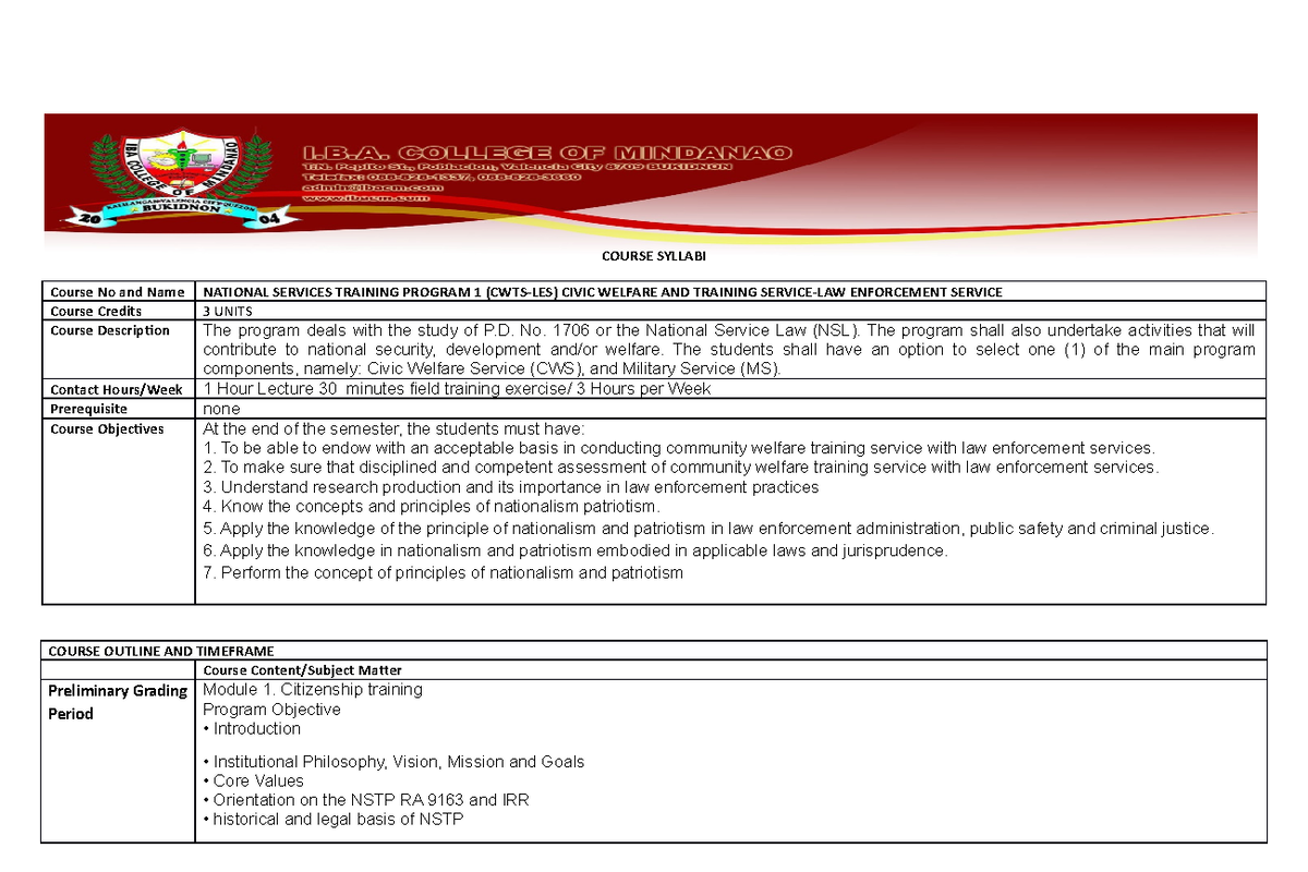 National service training program 1 Course Syllabi 2021 - COURSE ...