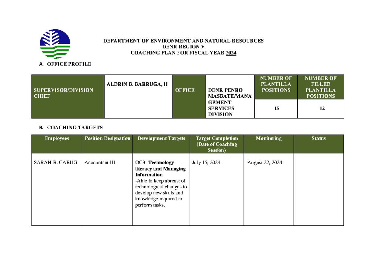Coaching PLAN AND Coaching FORM - DEPARTMENT OF ENVIRONMENT AND NATURAL RESOURCES DENR REGION V ...