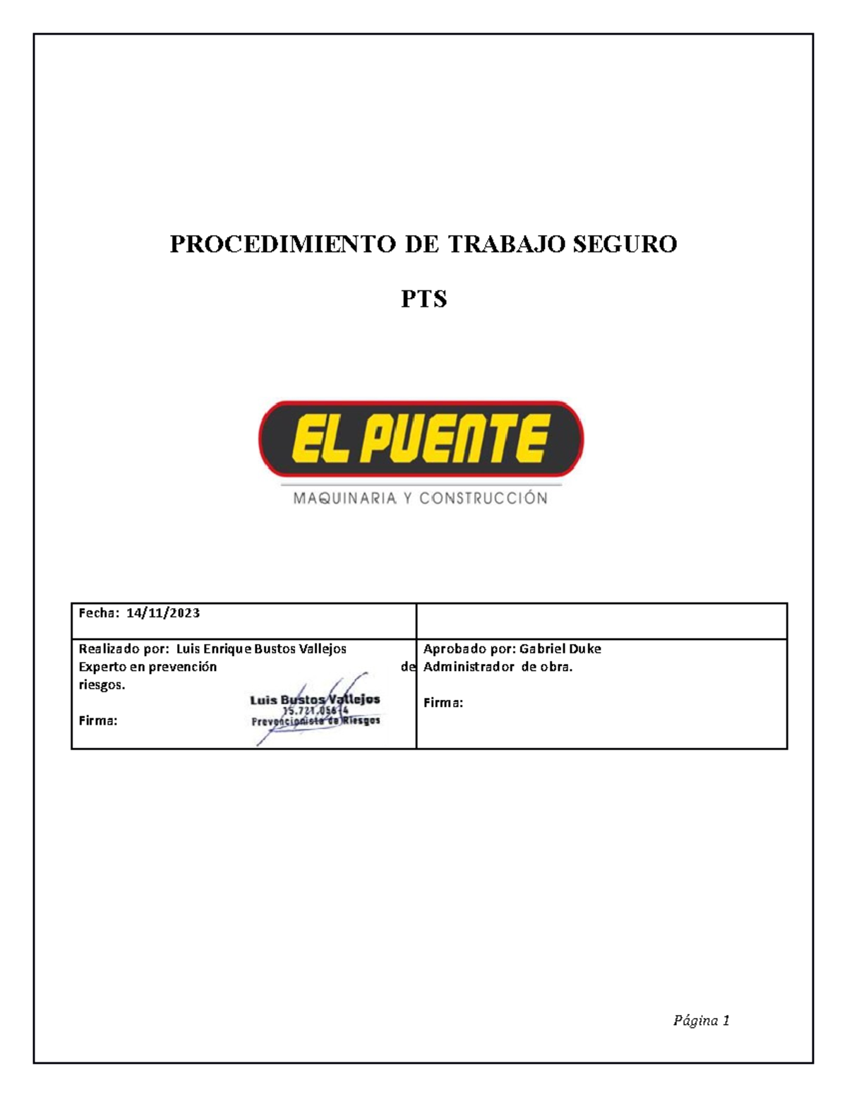 Procedimiento trabajo - PROCEDIMIENTO DE TRABAJO SEGURO PTS Fecha: 14 ...